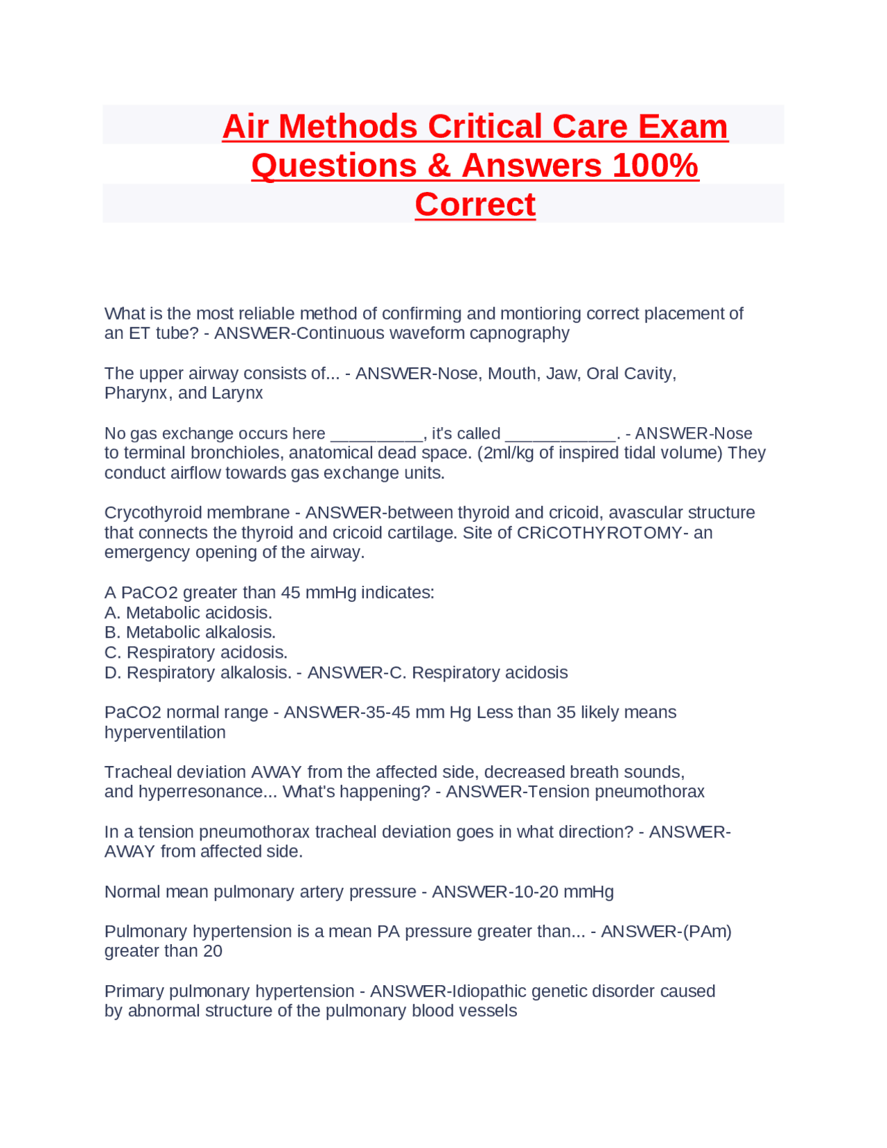 Air Methods Critical Care Exam Questions & Answers | Exams Nursing ...