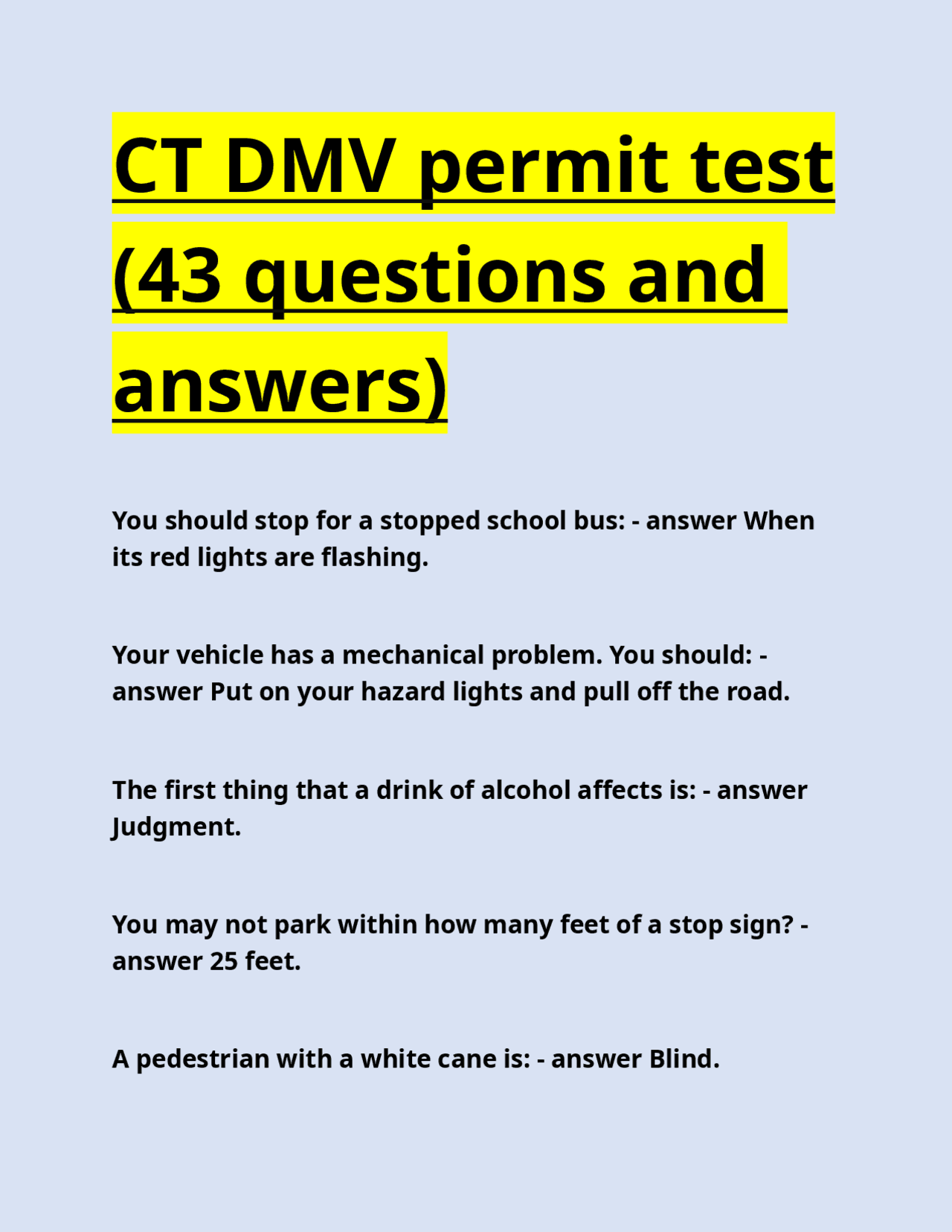 CT DMV permit test (43 questions and answers) | Exams Biology | Docsity