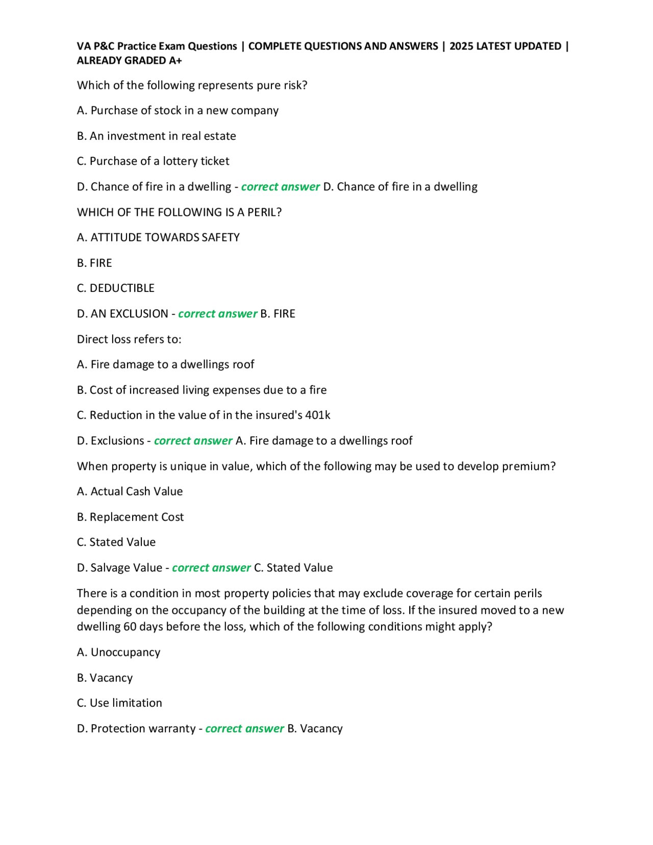 VA P&C Practice Exam Questions | COMPLETE QUESTIONS AND ANSWERS | 2025 ...