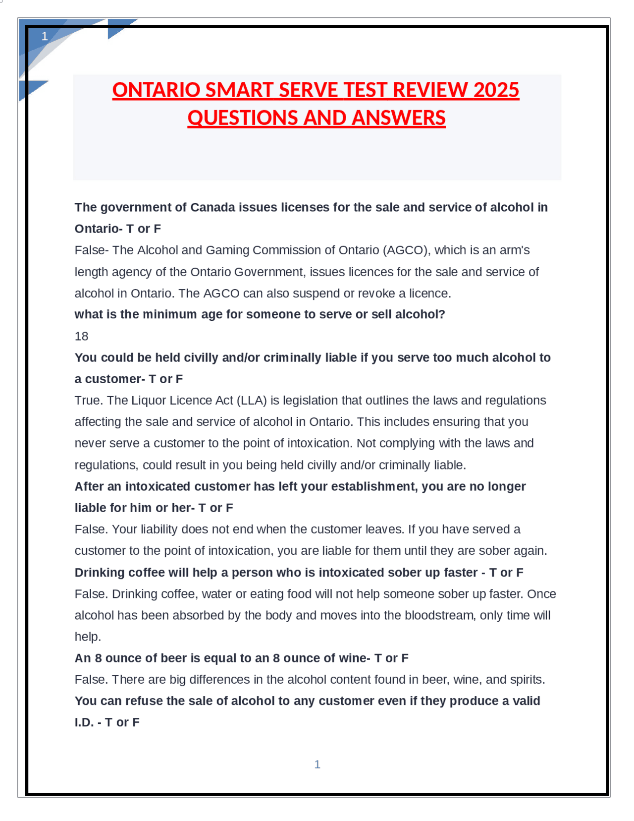 ONTARIO SMART SERVE TEST REVIEW 2025 QUESTIONS AND ANSWERS | Exams ...