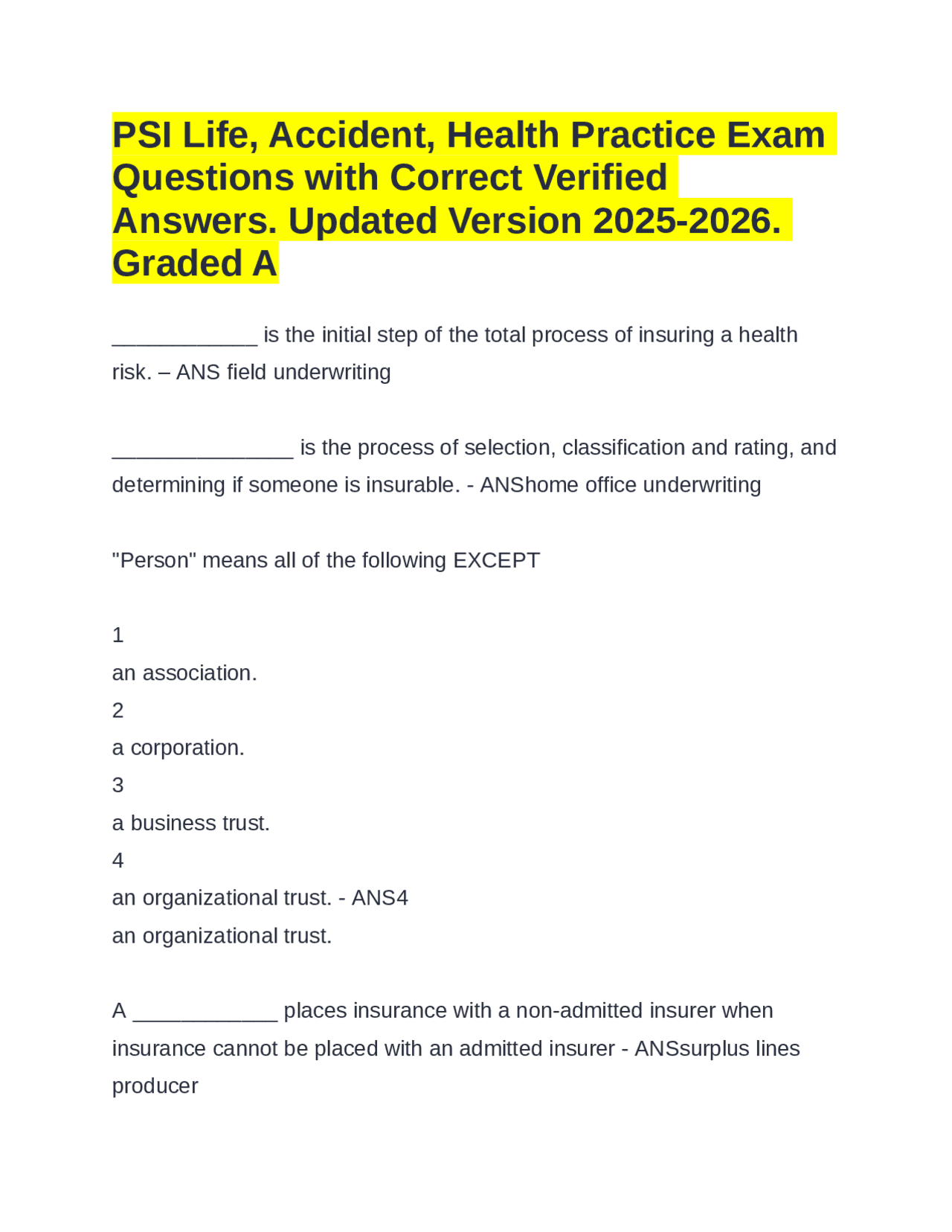 PSI Life, Accident, Health Practice Exam Questions with Correct ...