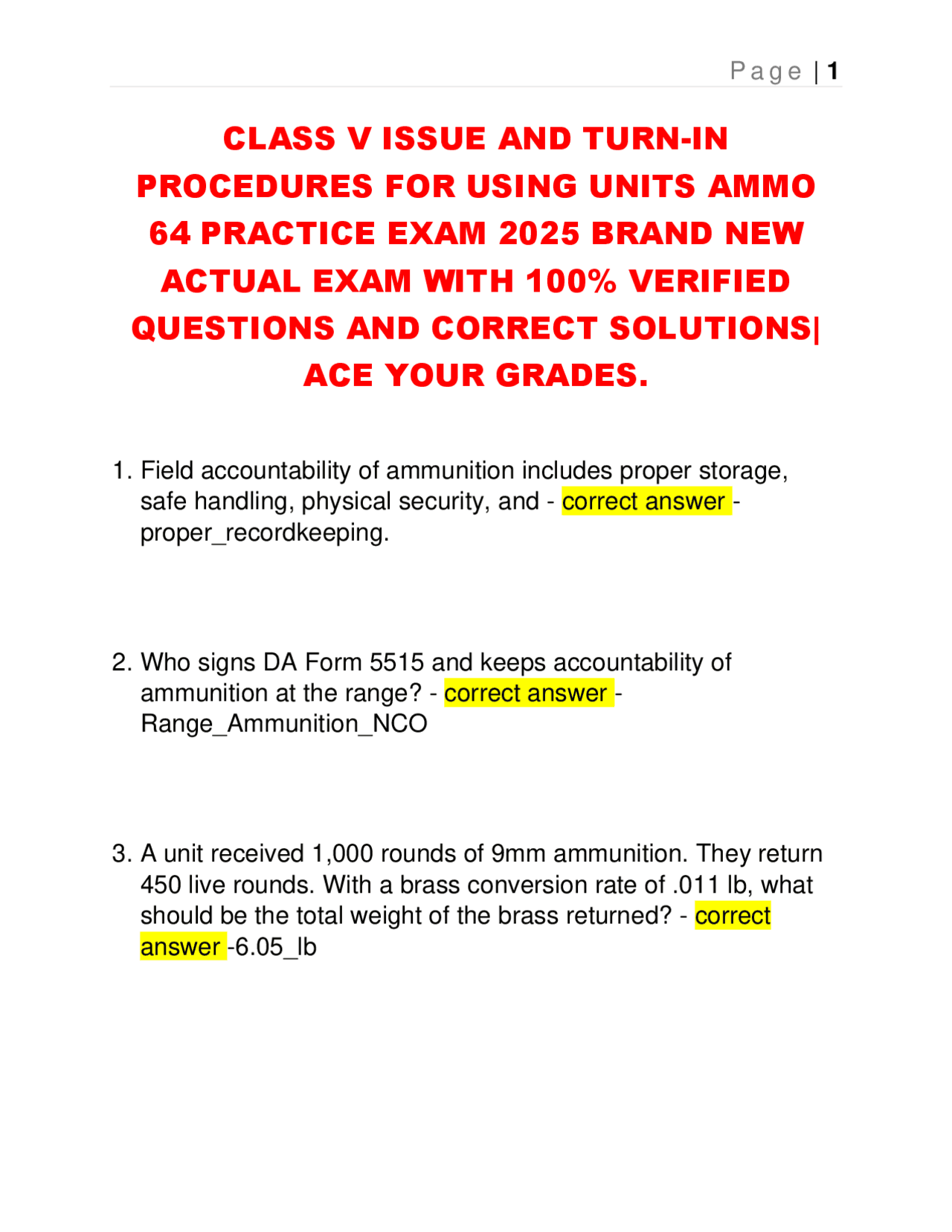CLASS V ISSUE AND TURN-IN PROCEDURES FOR USING UNITS AMMO 64 PRACTICE ...