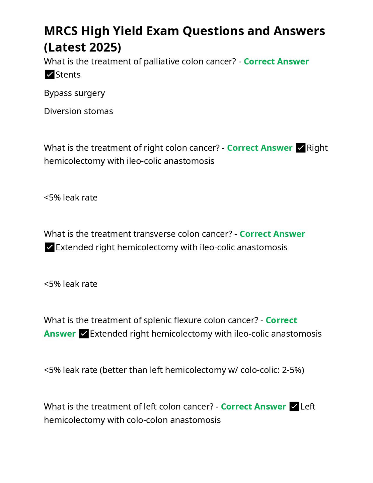 MRCS Exam Questions: Colon Cancer, Aorta, Surgery | Exams Nursing | Docsity