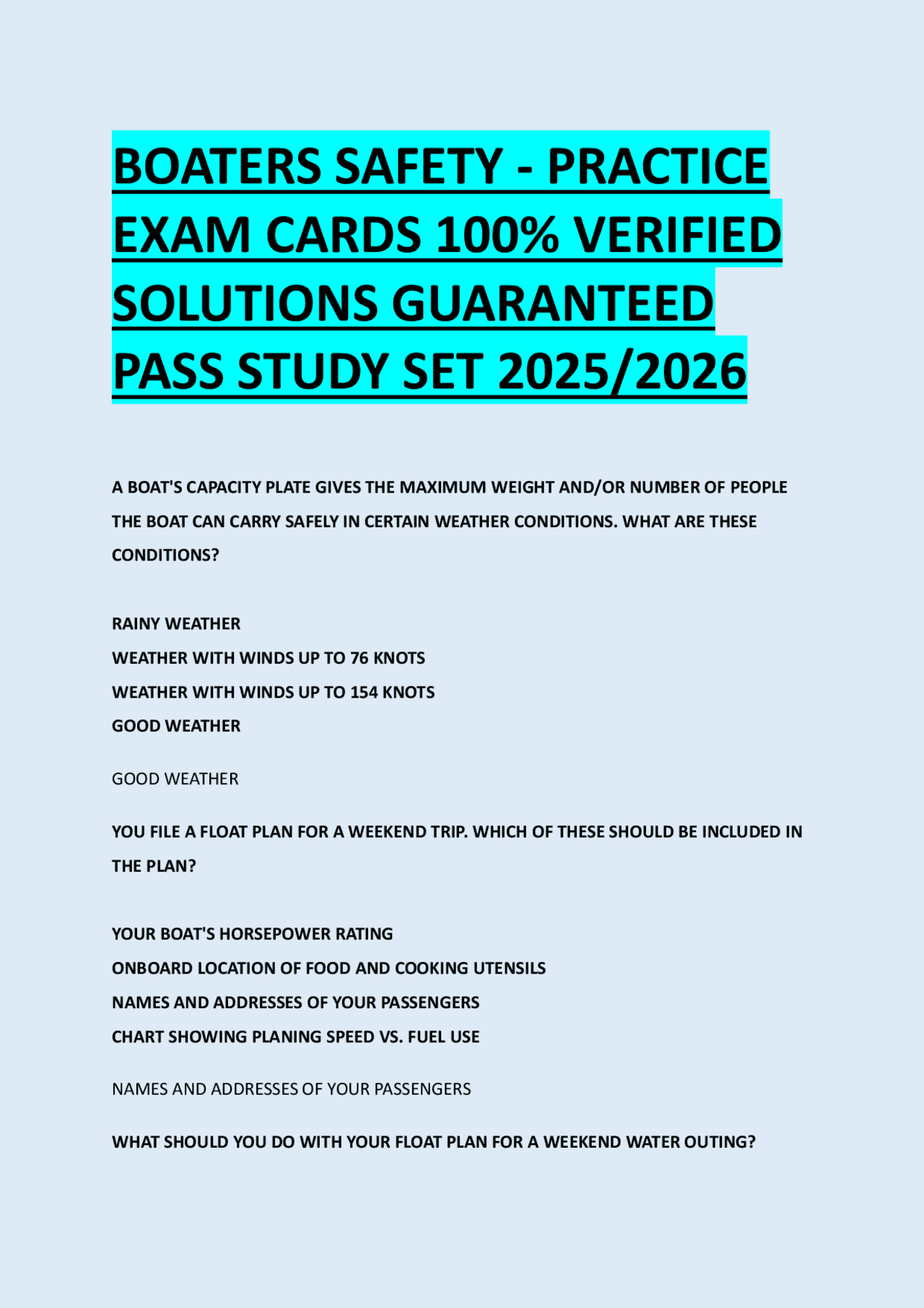 BOATERS SAFETY - PRACTICE EXAM CARDS 100% VERIFIED SOLUTIONS GUARANTEED ...