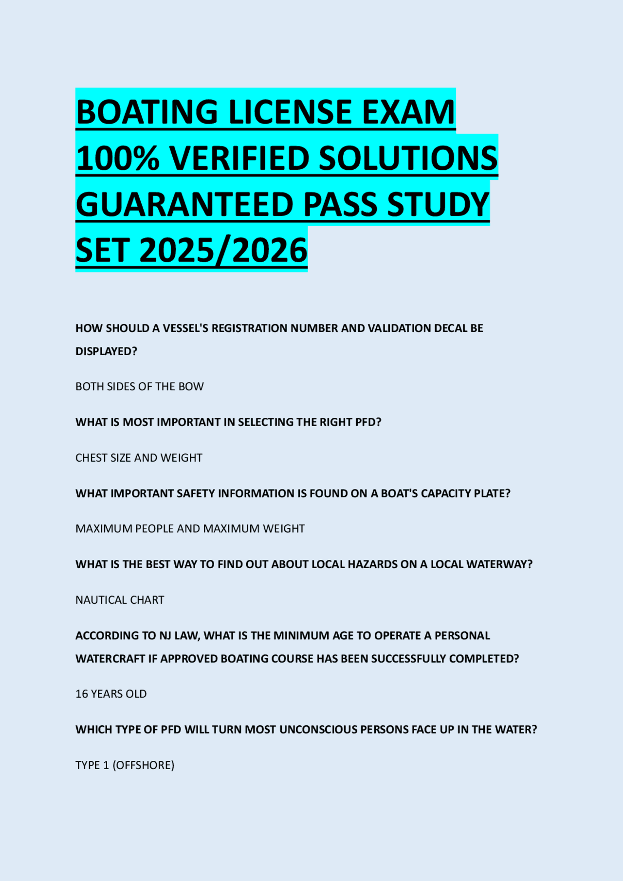 BOATING LICENSE EXAM 100% VERIFIED SOLUTIONS GUARANTEED PASS STUDY SET ...