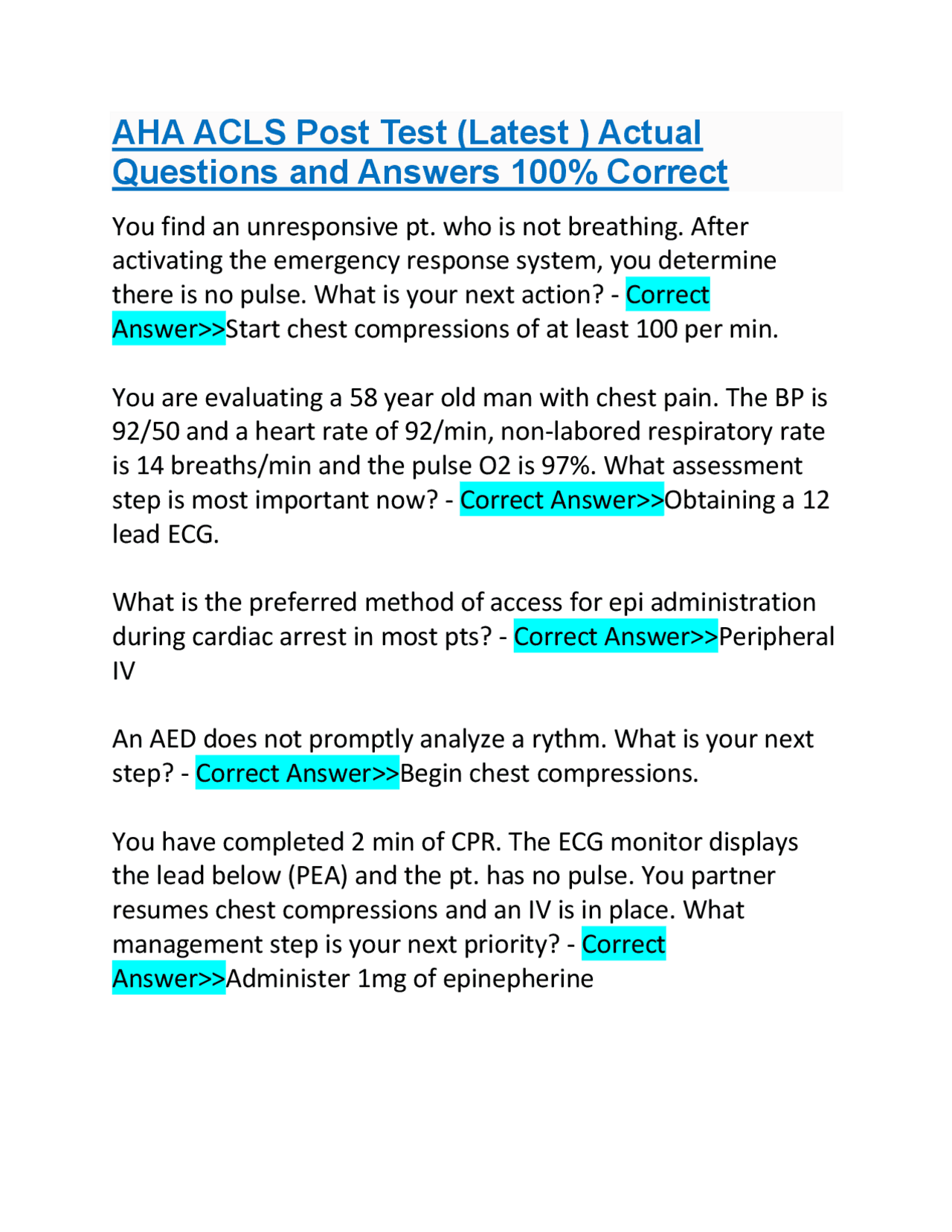 AHA ACLS Post Test (Latest ) Actual Questions and Answers 100% Correct ...