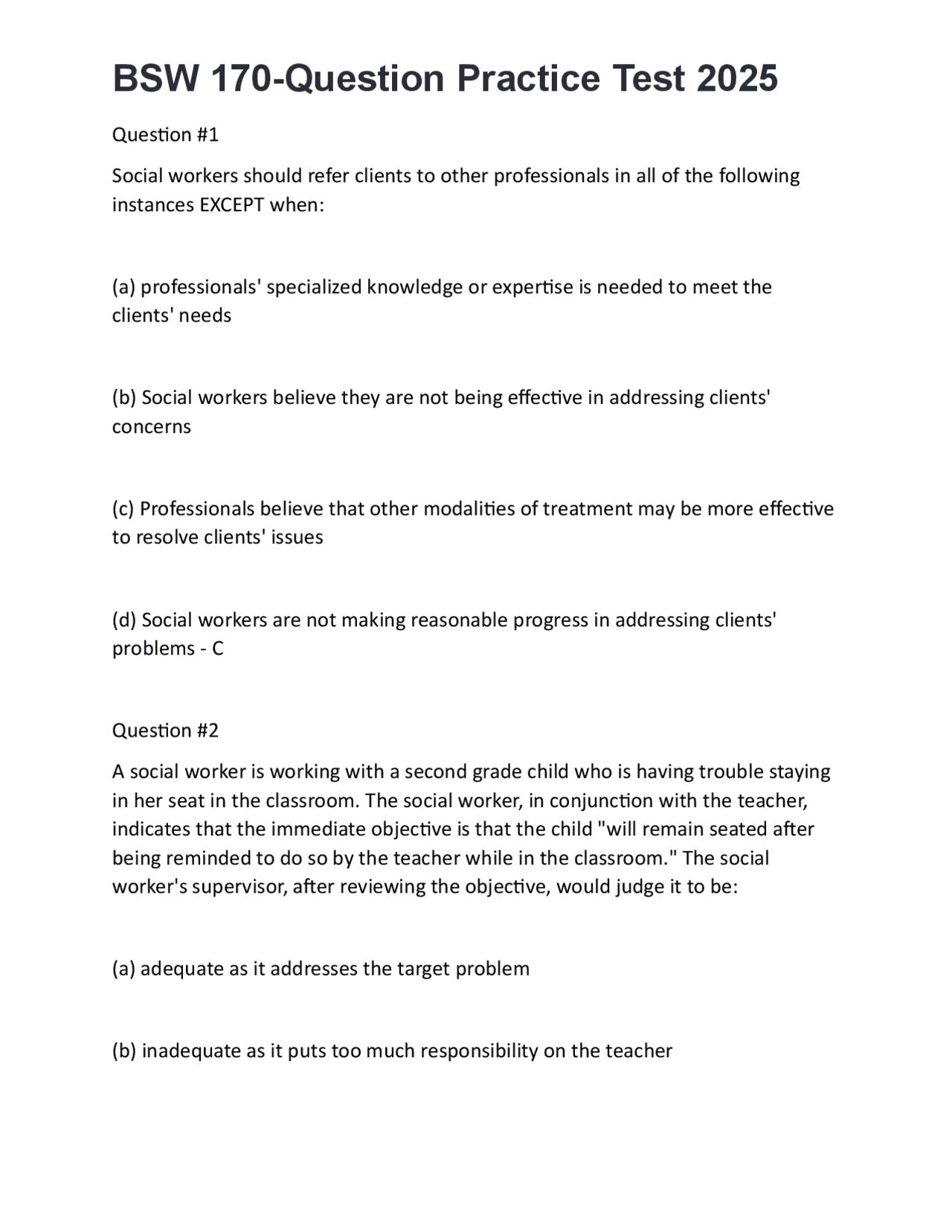 BSW 170 Practice Questions: Social Work Principles and Applications ...