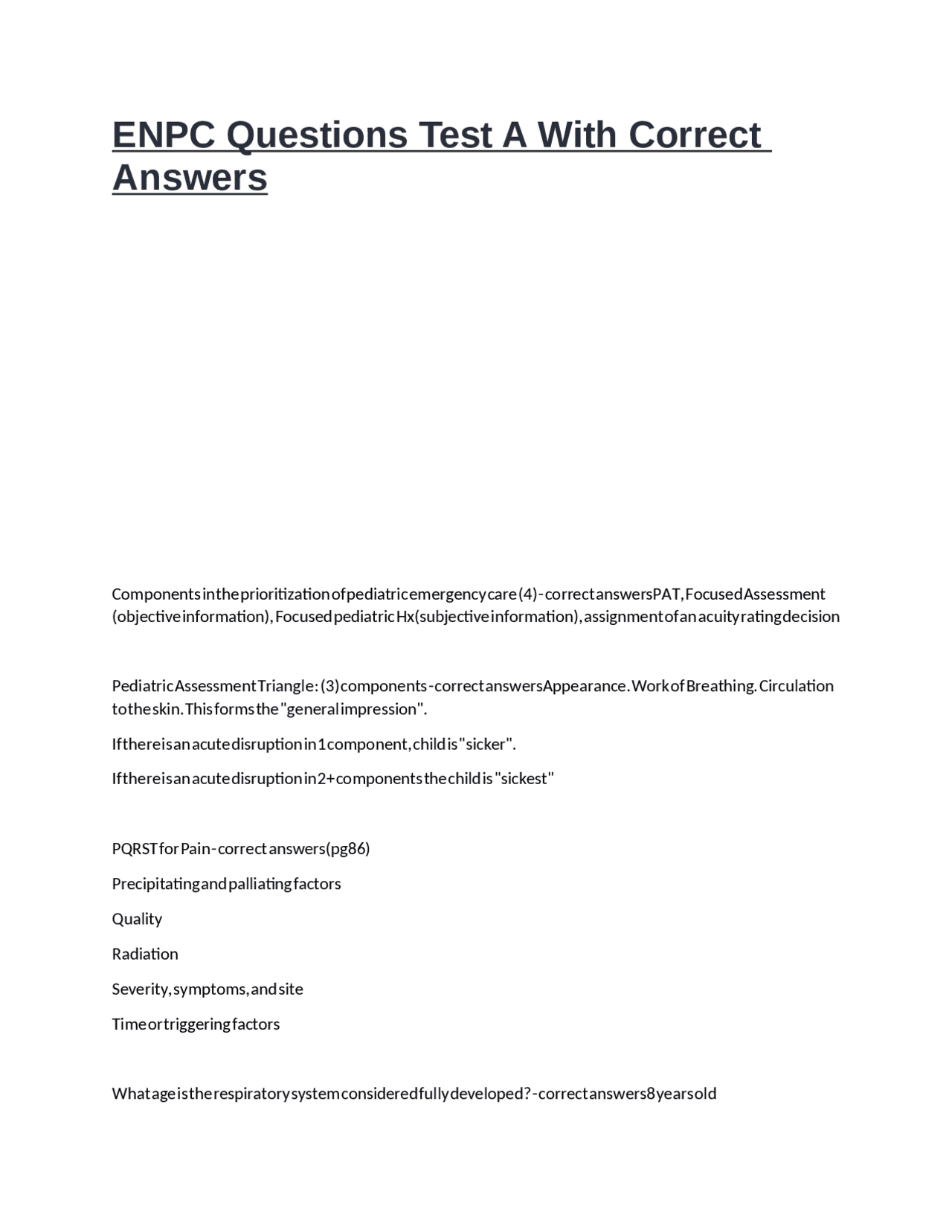 ENPC Questions Test A With Correct Answers. | Exams Nursing | Docsity