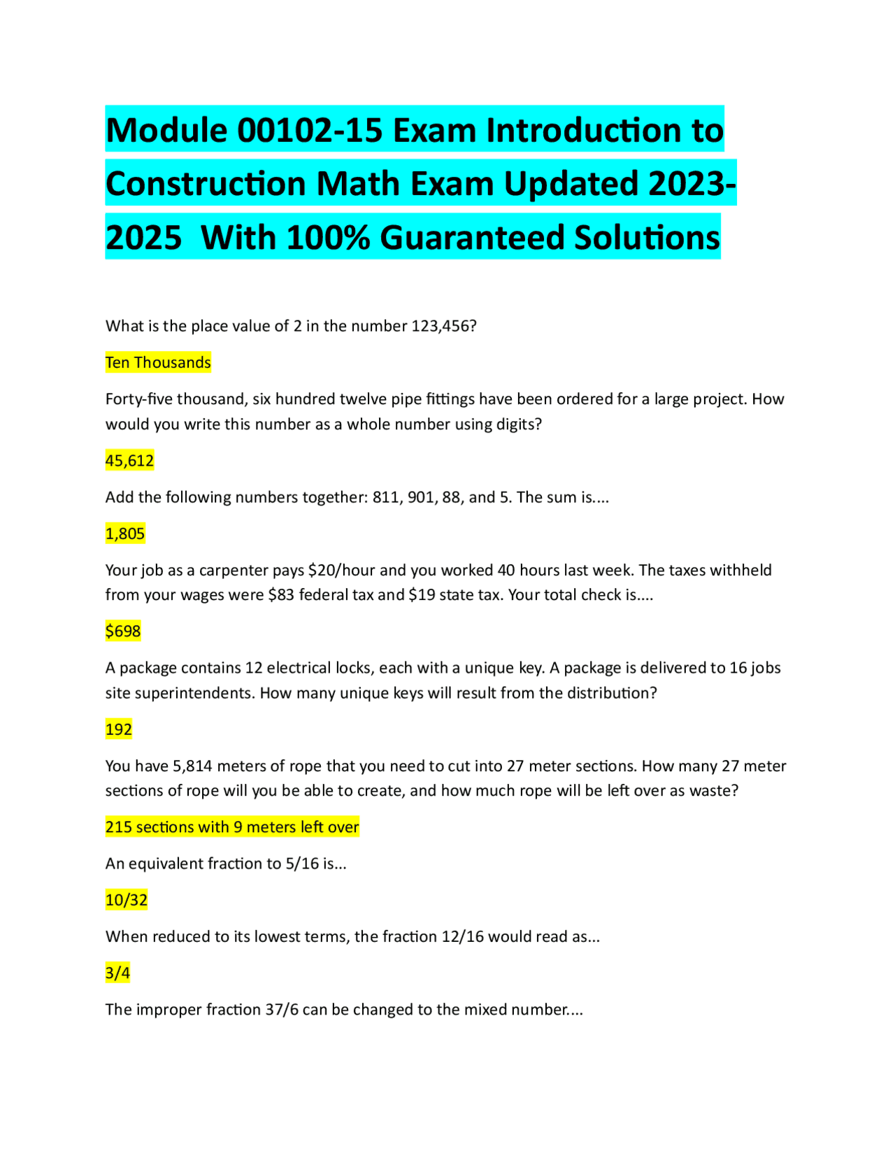 Module 00102-15 Exam Introduction to Construction Math Exam Updated 2023 2025 With 100% | Exams ...