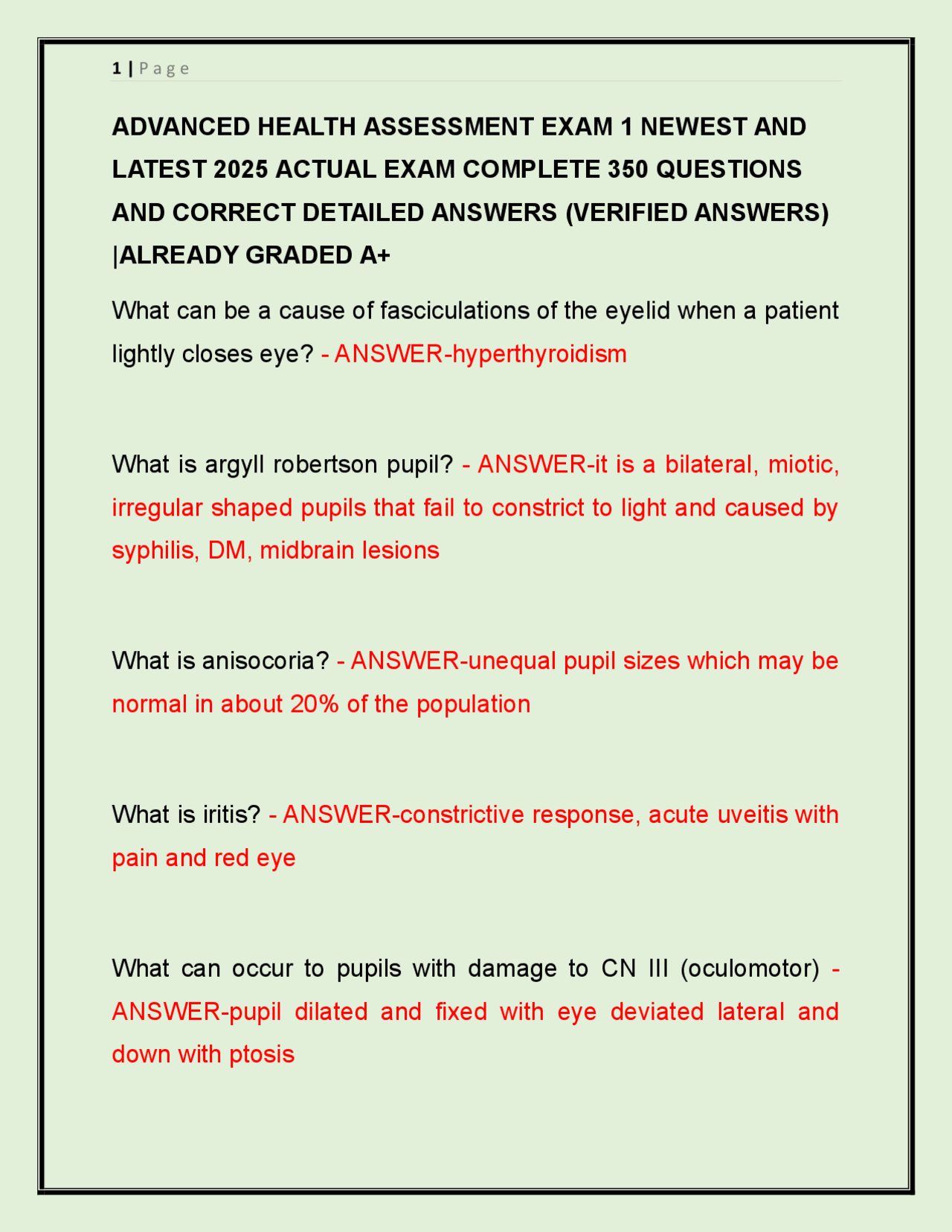 ADVANCED HEALTH ASSESSMENT EXAM 1 NEWEST AND LATEST 2025 ACTUAL EXAM ...