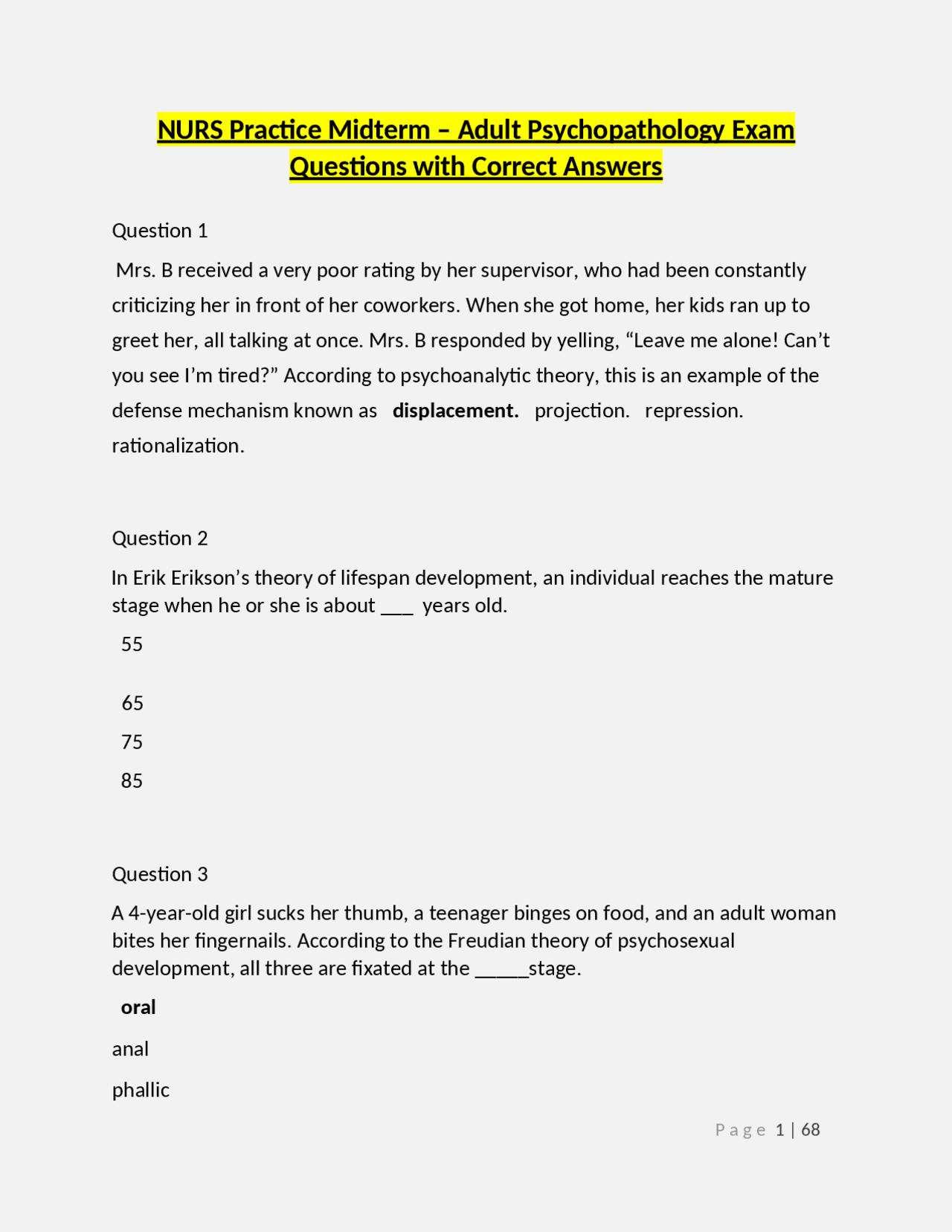 NURS Practice Midterm – Adult Psychopathology Exam Questions with ...