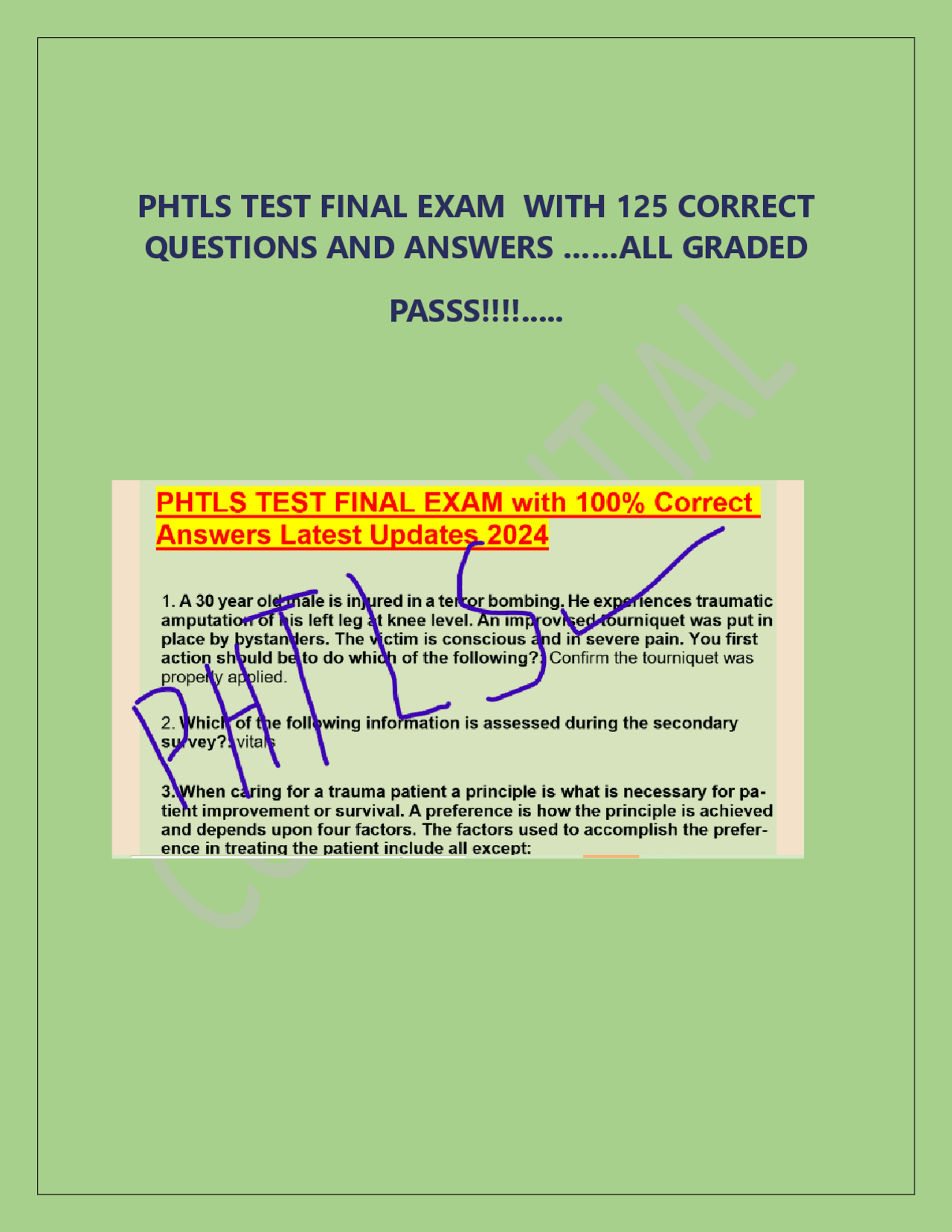 PHTLS Final Exam Questions and Answers: Trauma Care Multiple Choice ...
