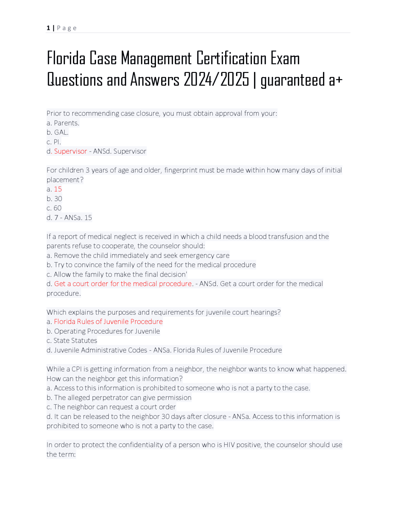 Florida Case Management Certification Exam Questions and Answers 2024/ ...