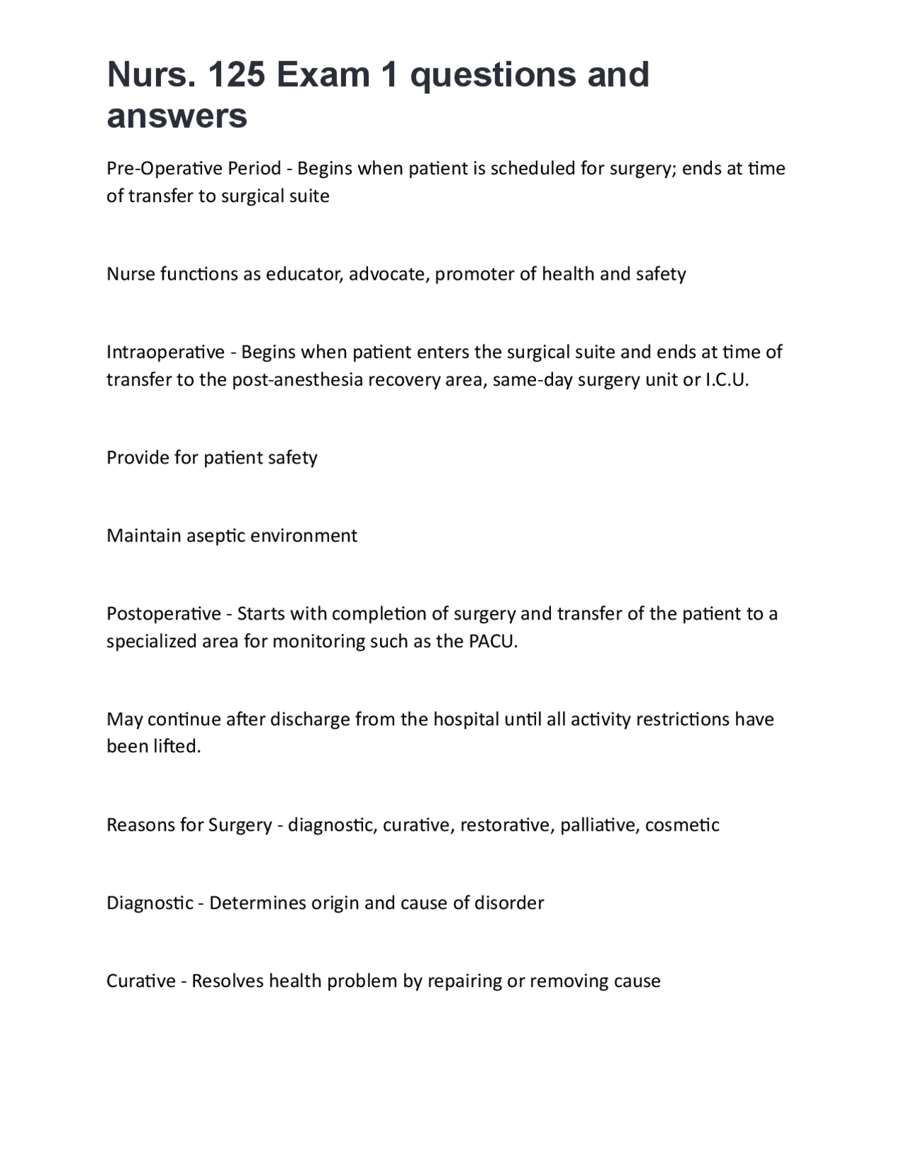 Nurs. 125 Exam 1: Pre-Operative, Intraoperative, and Postoperative ...