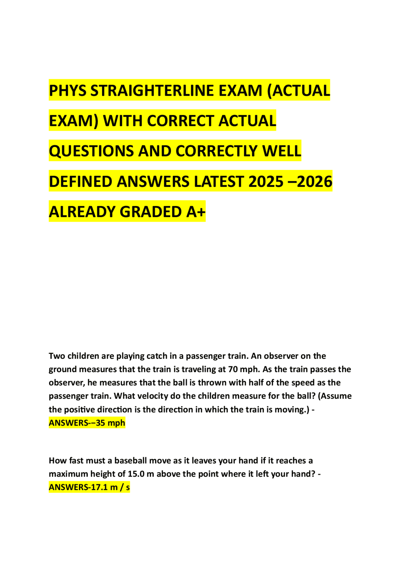 PHYS STRAIGHTERLINE EXAM (ACTUAL EXAM) WITH CORRECT ACTUAL QUESTIONS ...