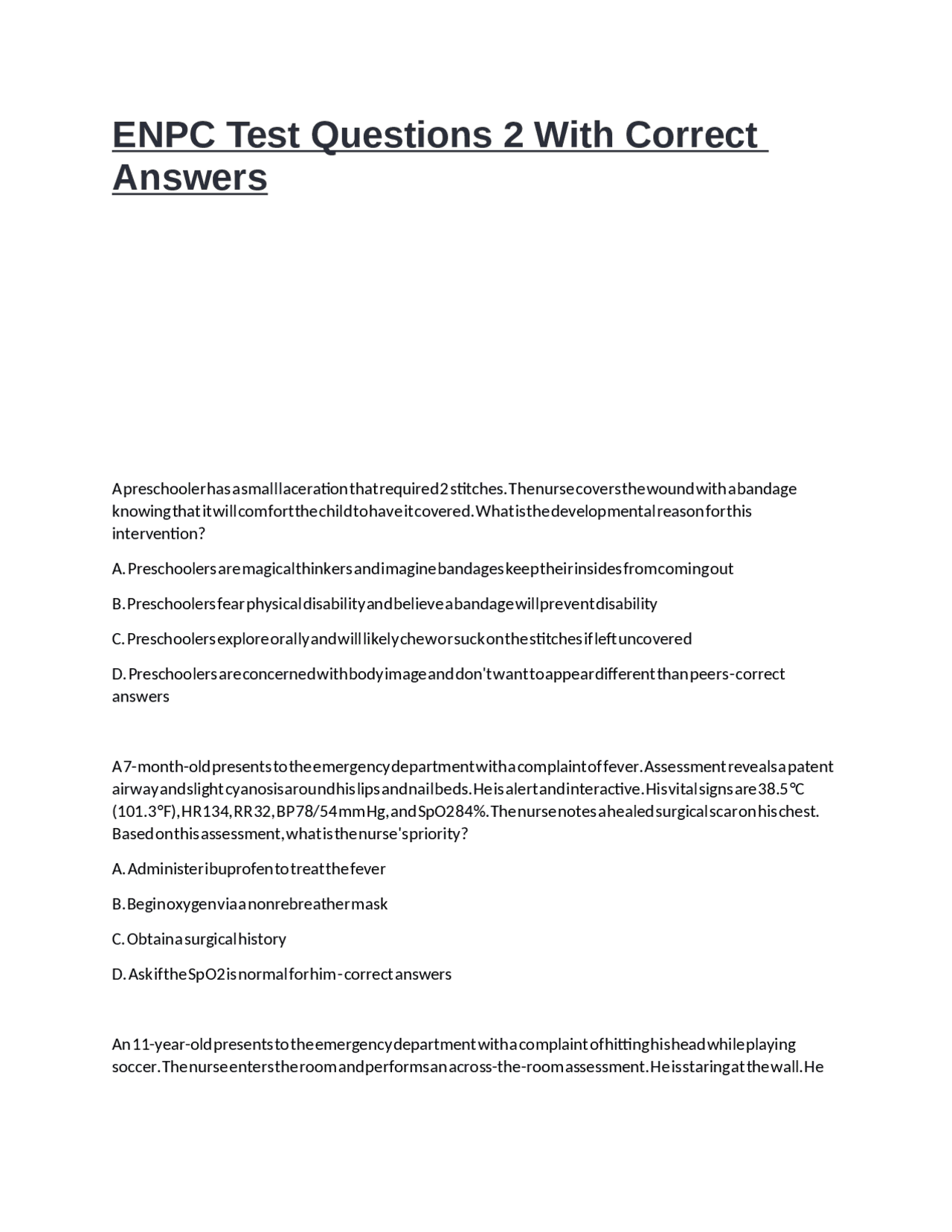 ENPC Test Questions 2 With Correct Answers. | Exams Nursing | Docsity