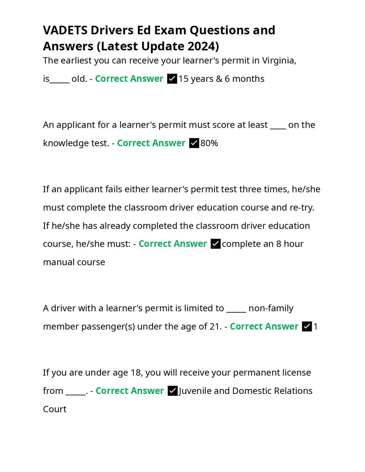 VADETS Drivers Ed Exam Questions and Answers (Latest Update 2024 ...