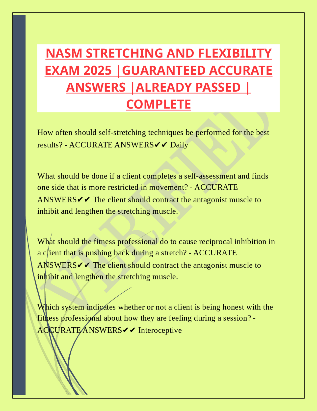 NASM Stretching and Flexibility Exam Questions and Answers | Exams ...