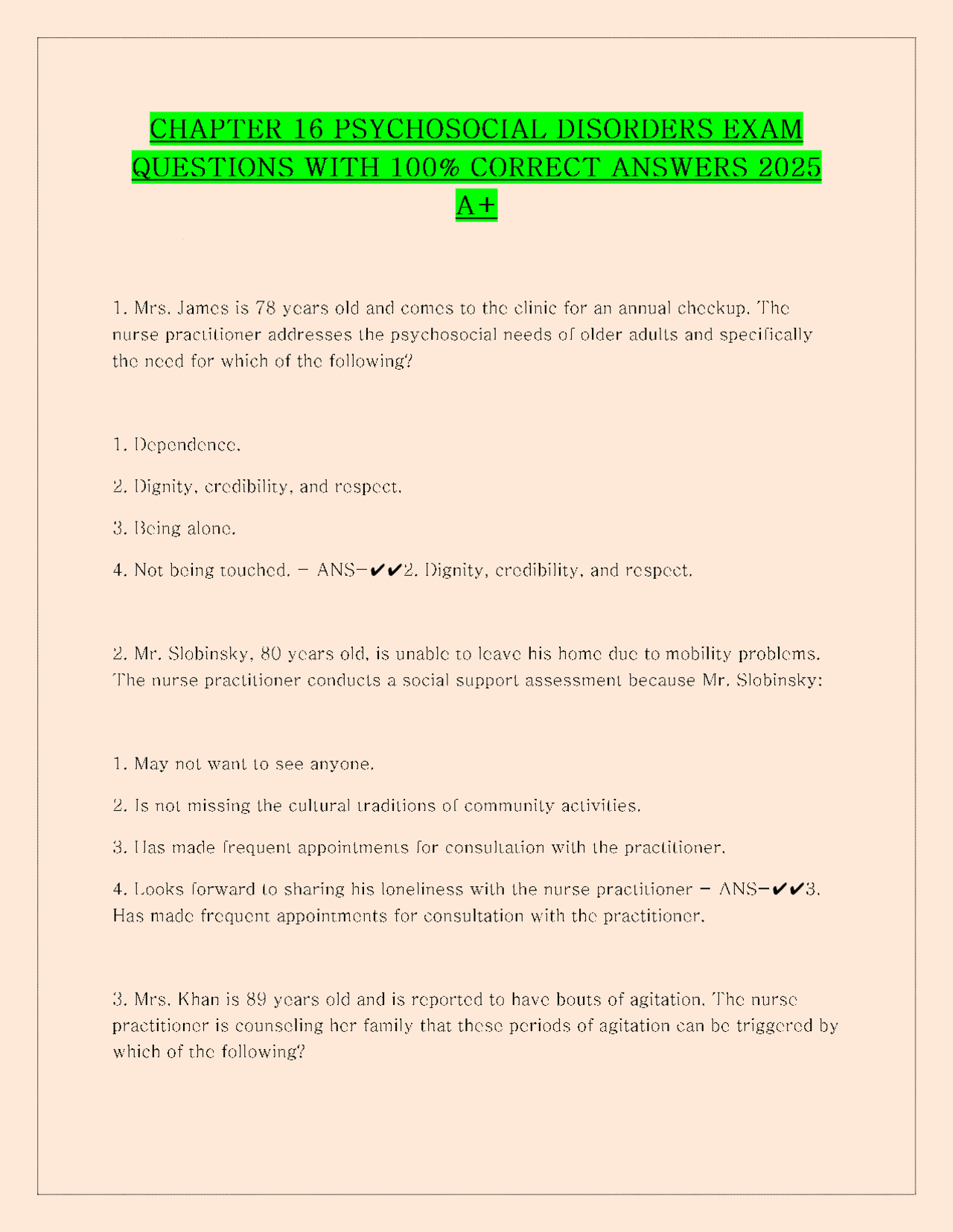 CHAPTER 16 PSYCHOSOCIAL DISORDERS EXAM QUESTIONS WITH 100% CORRECT ...