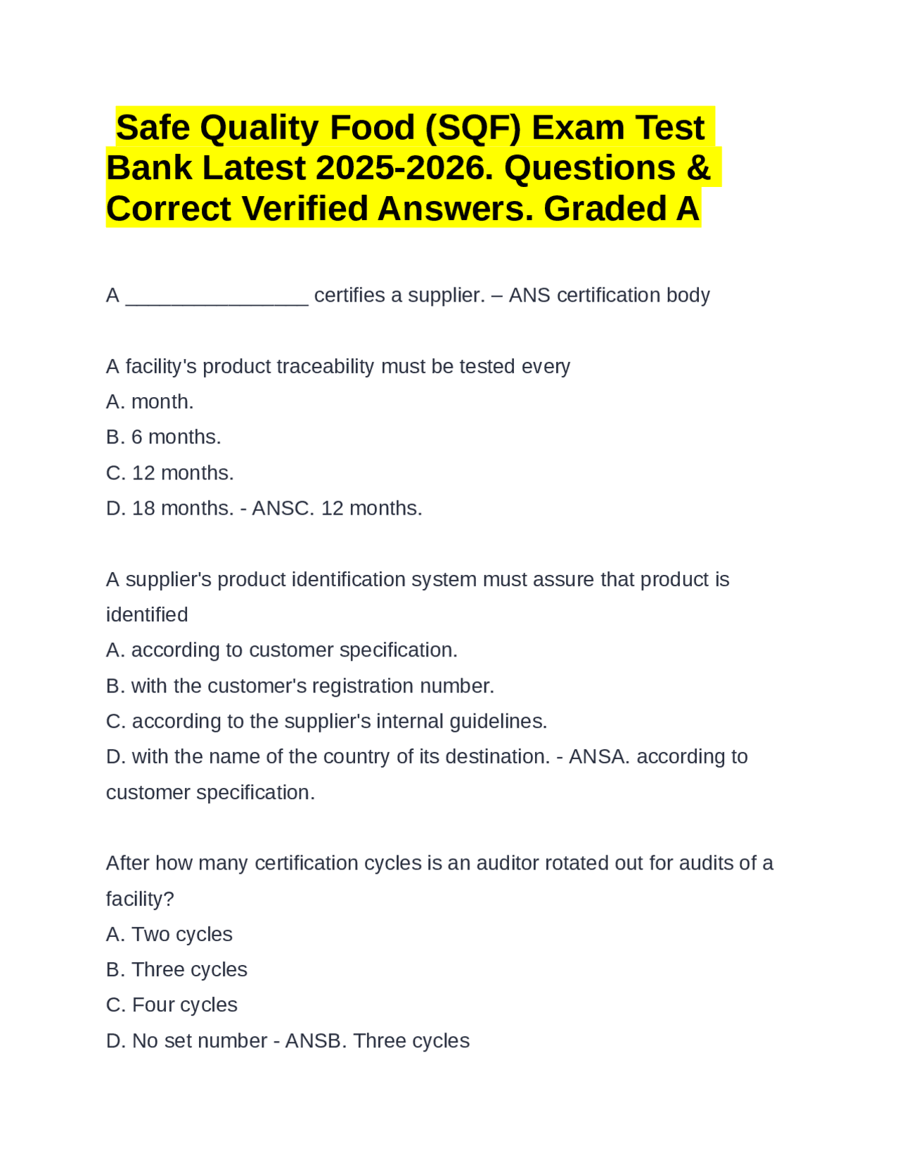 SQF Certification Exam Questions and Answers: A Comprehensive Guide to Food Safety | Exams Food ...