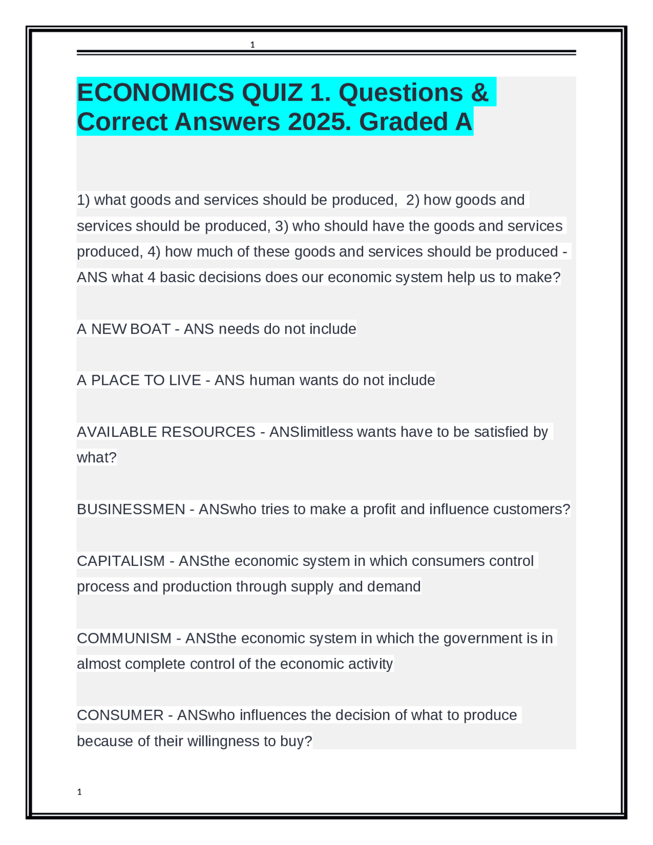 ECONOMICS QUIZ 1. Questions & Correct Answers 2025. Graded A | Exams ...