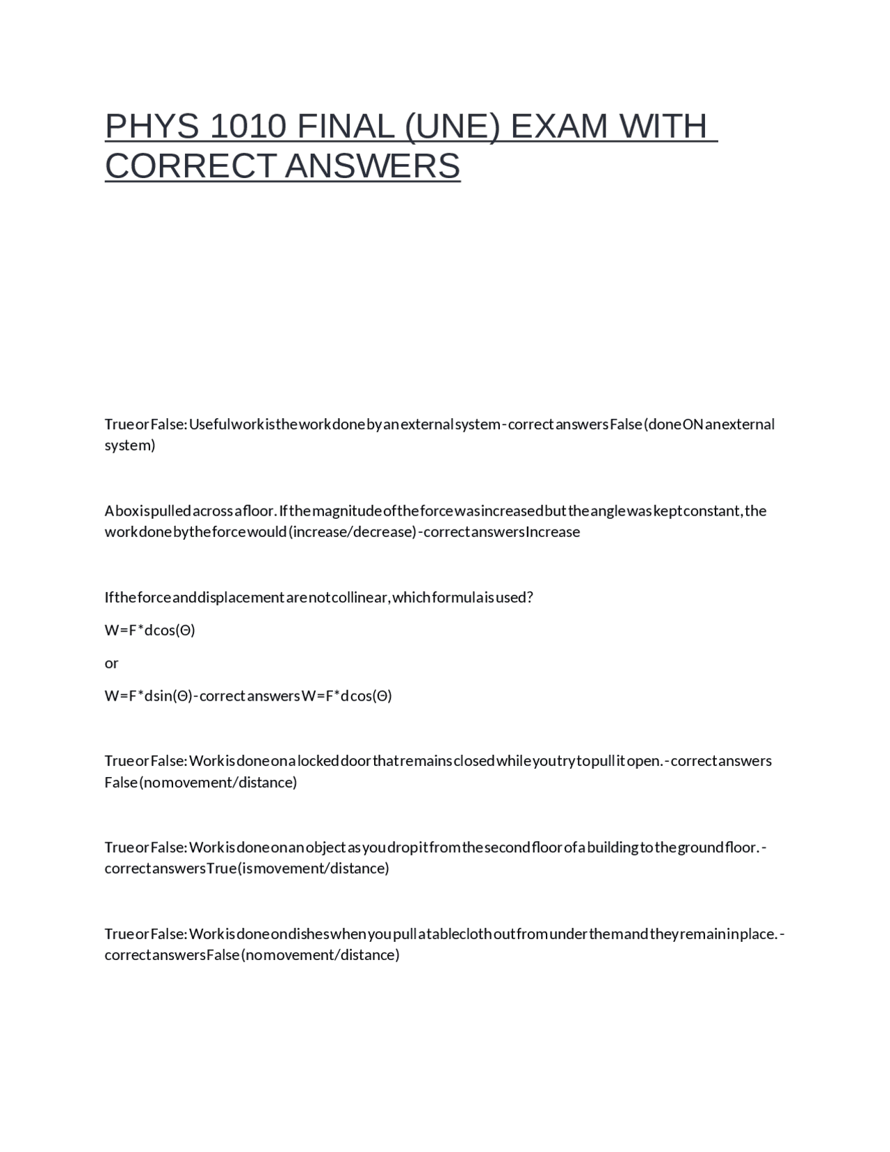 PHYS 1010 FINAL (UNE) EXAM WITH CORRECT ANSWERS | Exams Physics | Docsity