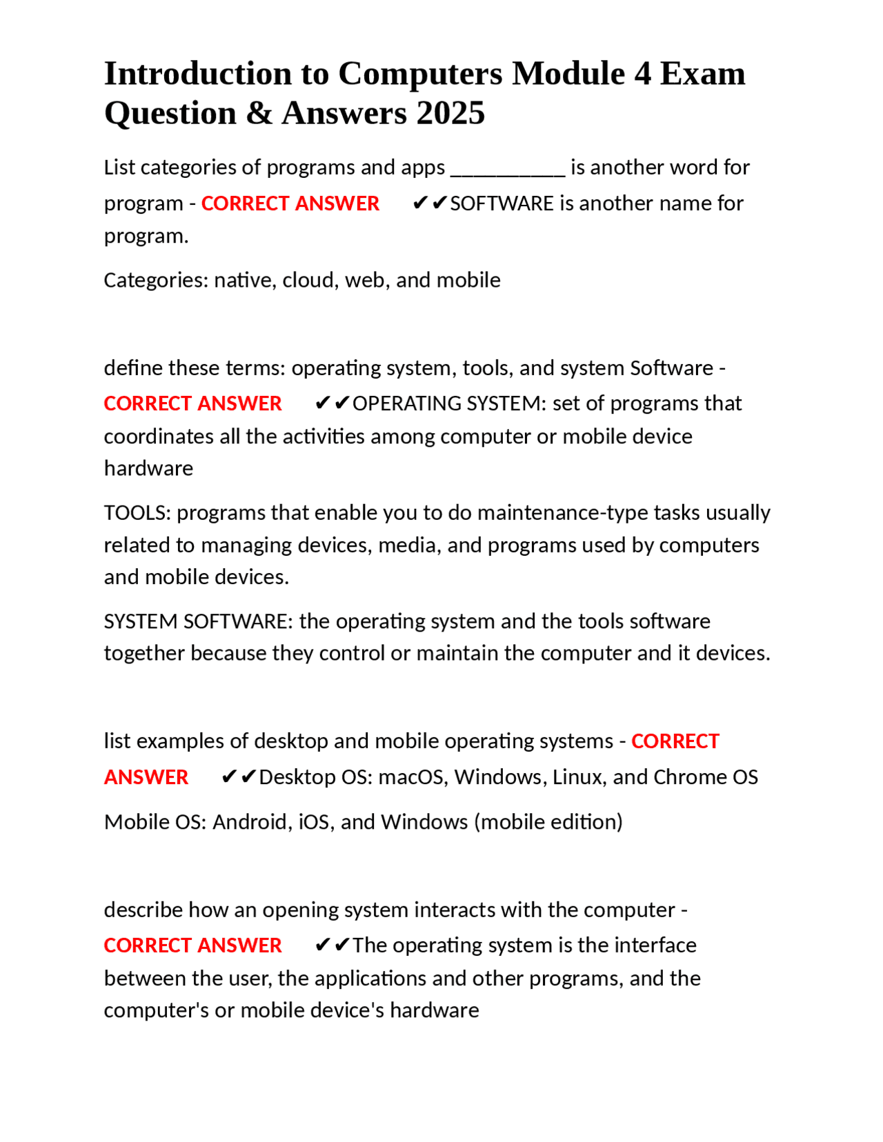 Introduction to Computers: Module 4 Exam Questions and Answers | Exams Nursing | Docsity