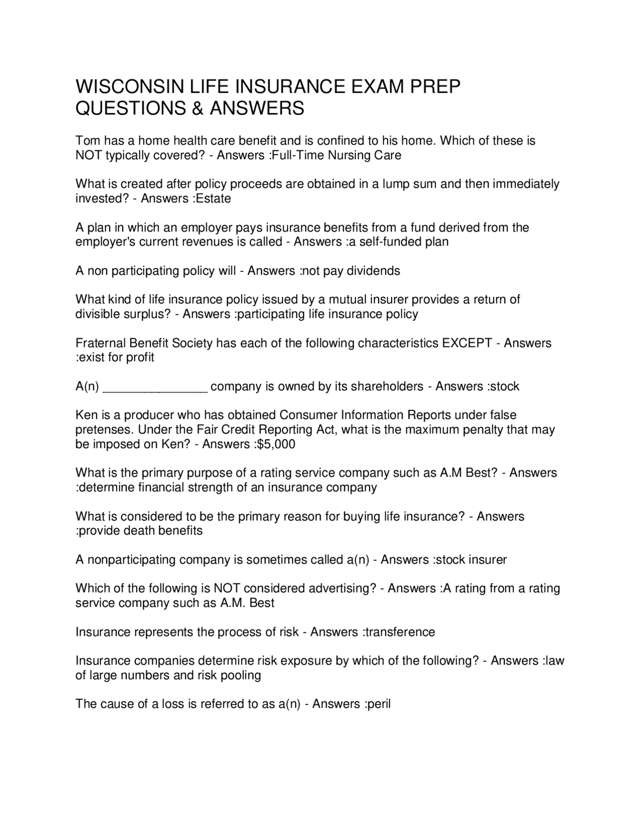 Wisconsin Life Insurance Exam Prep: Questions and Answers | Exams ...