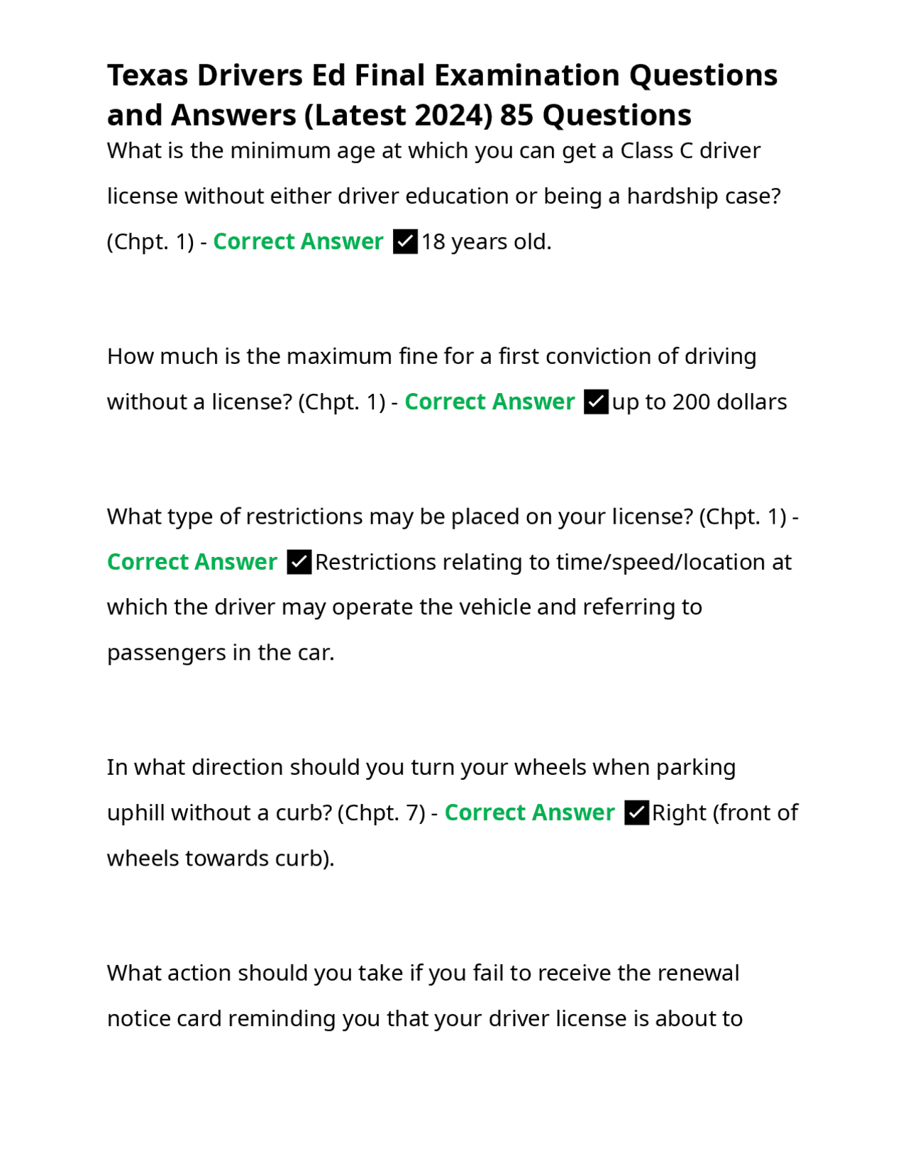 Texas Drivers Ed Final Examination Questions and Answers (Latest 2024 ...