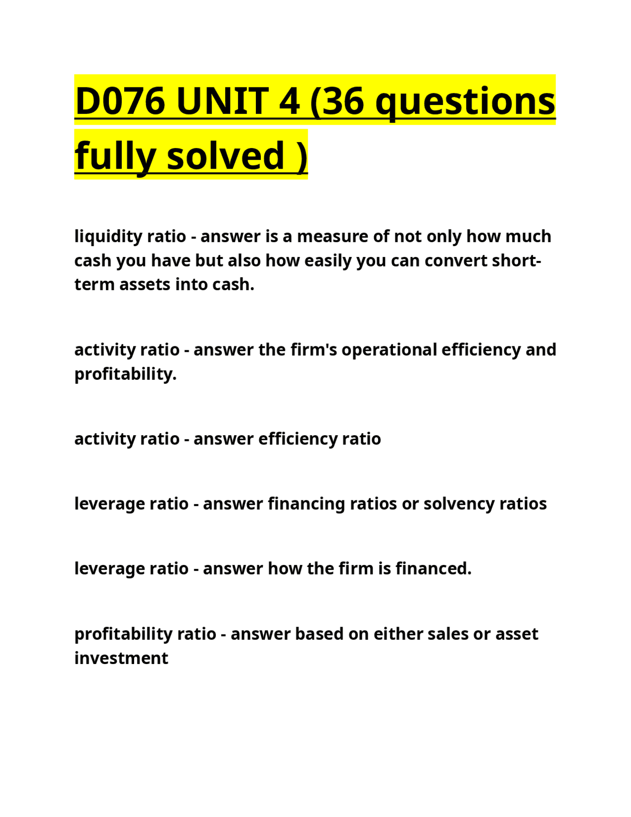 D076 UNIT 4 (36 questions fully solved ). | Exams Biology | Docsity