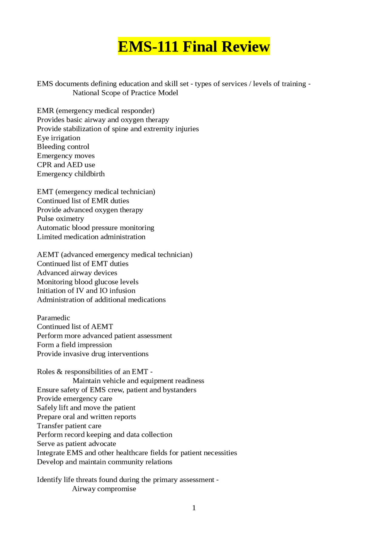 EMS-111 Final Review: Comprehensive Guide to Emergency Medical Services ...