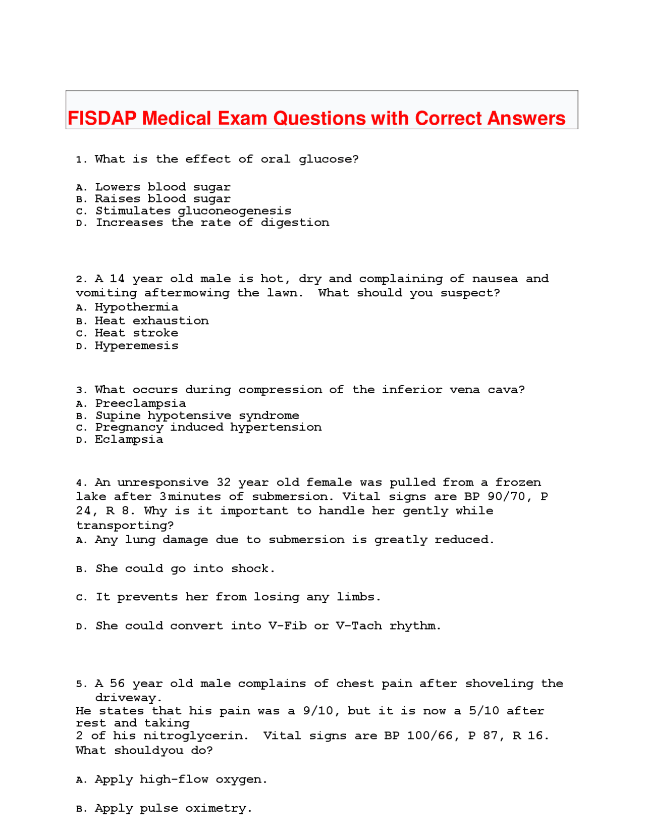 FISDAP Medical Exam Questions with Correct Answers | Exams Aviation ...