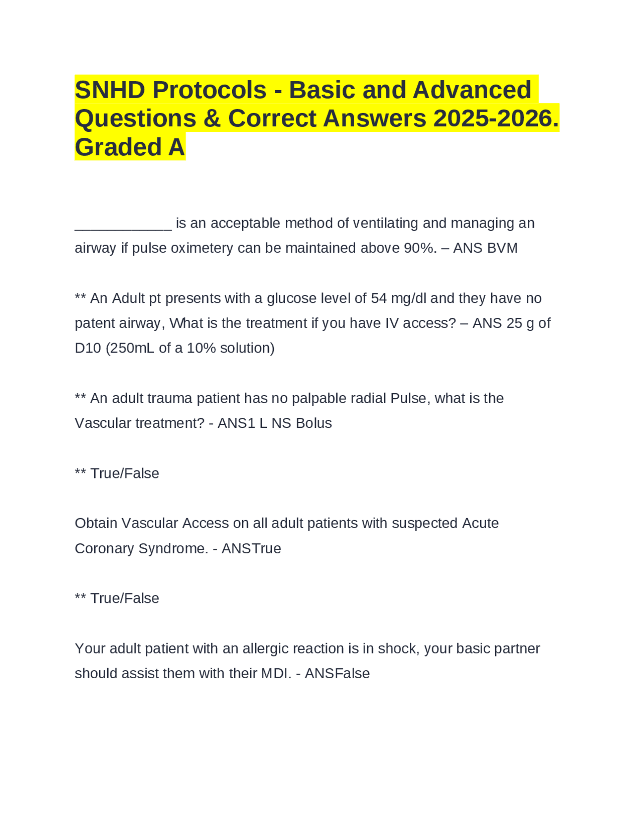 SNHD Protocols: Questions & Answers for Emergency Medical Technicians ...