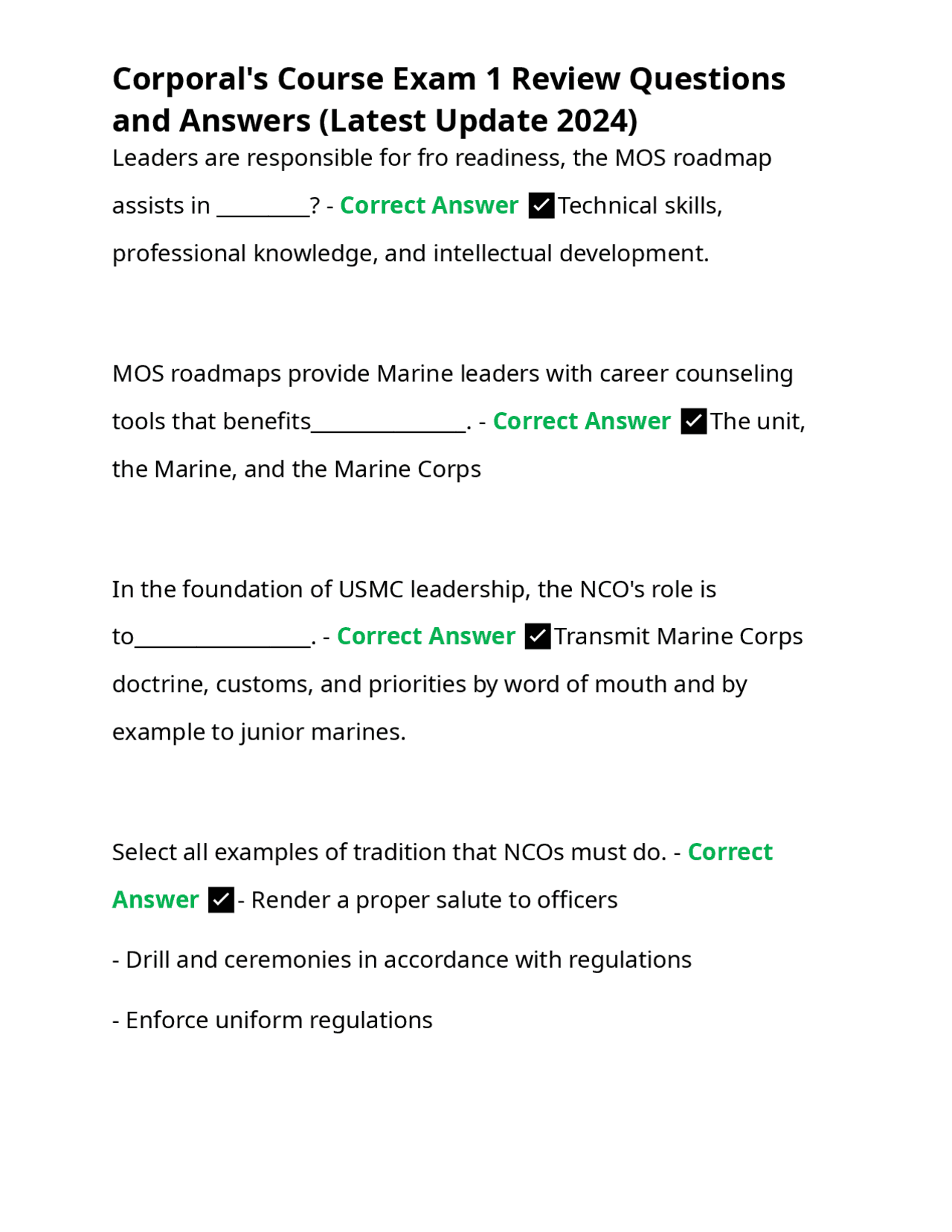 Corporal's Course Exam 1 Review Questions and Answers (Latest Update ...