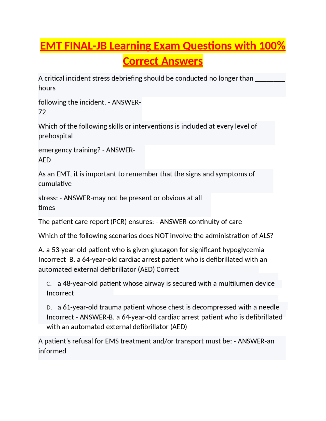 EMT FINAL-JB Learning Exam Questions with 100% Correct Answers | Exams Nursing | Docsity