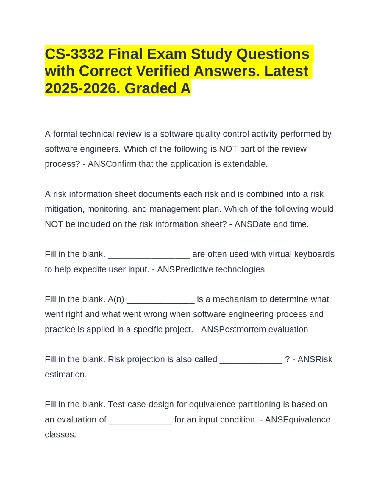 CS-3332 Final Exam Study Questions: Software Engineering Principles and ...