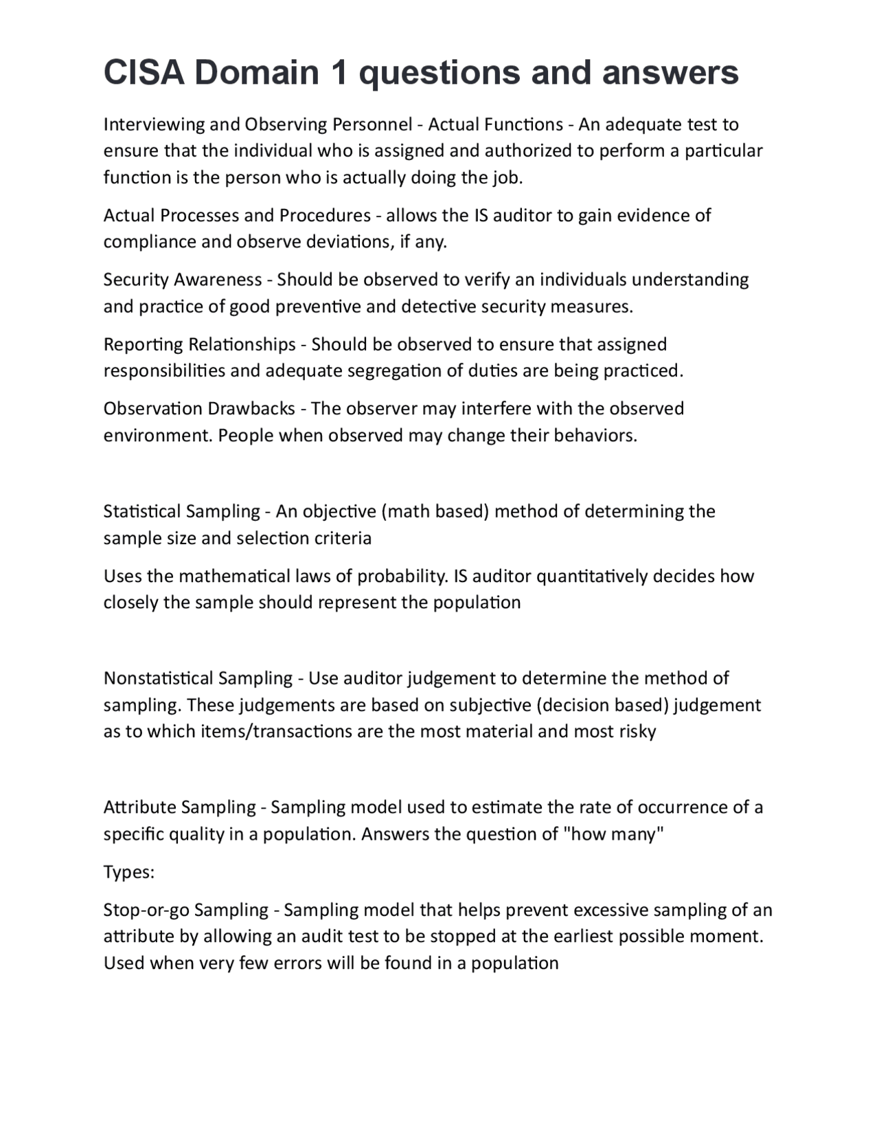 CISA Domain 1 questions and answers | Exams Nursing | Docsity