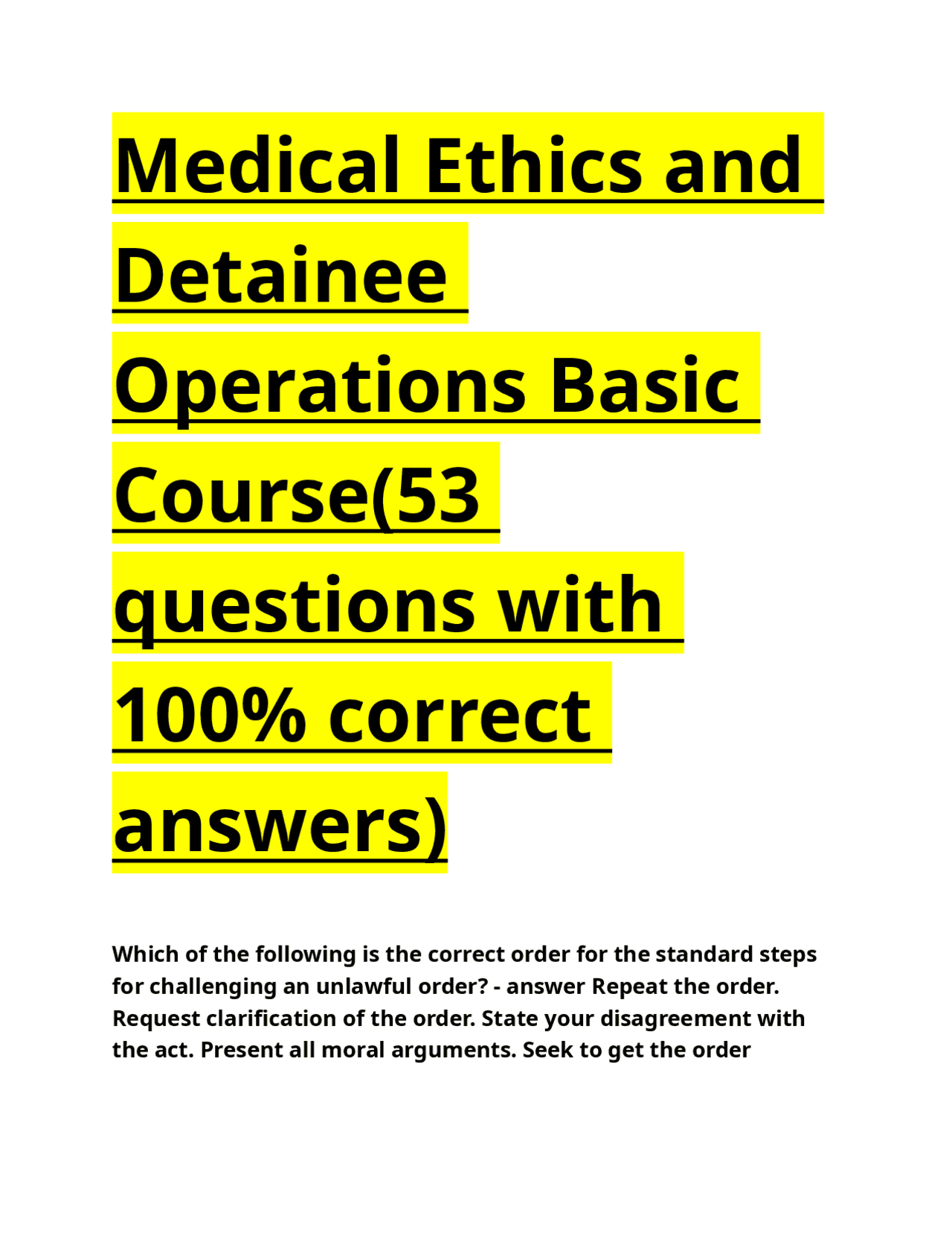 Medical Ethics and Detainee Operations Basic Course(53 questions with ...