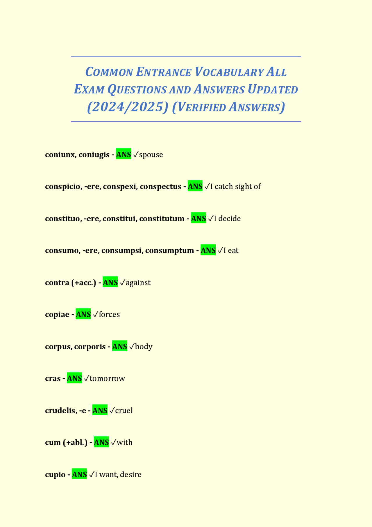 COMMON ENTRANCE VOCABULARY ALL EXAM QUESTIONS AND ANSWERS UPDATED (2024 ...