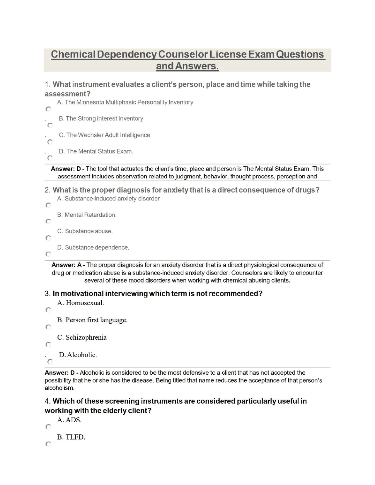 Chemical Dependency Counselor License Exam Questions and Answers ...