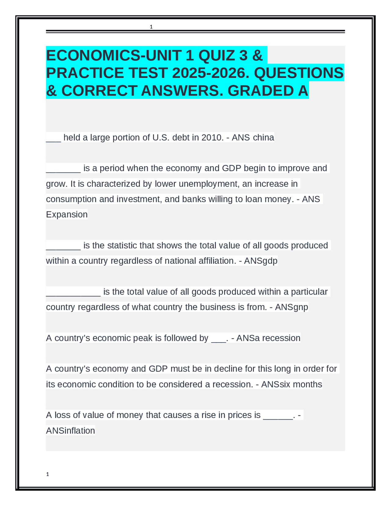 ECONOMICS-UNIT 1 QUIZ 3 & PRACTICE TEST 2025-2026. QUESTIONS & CORRECT ...