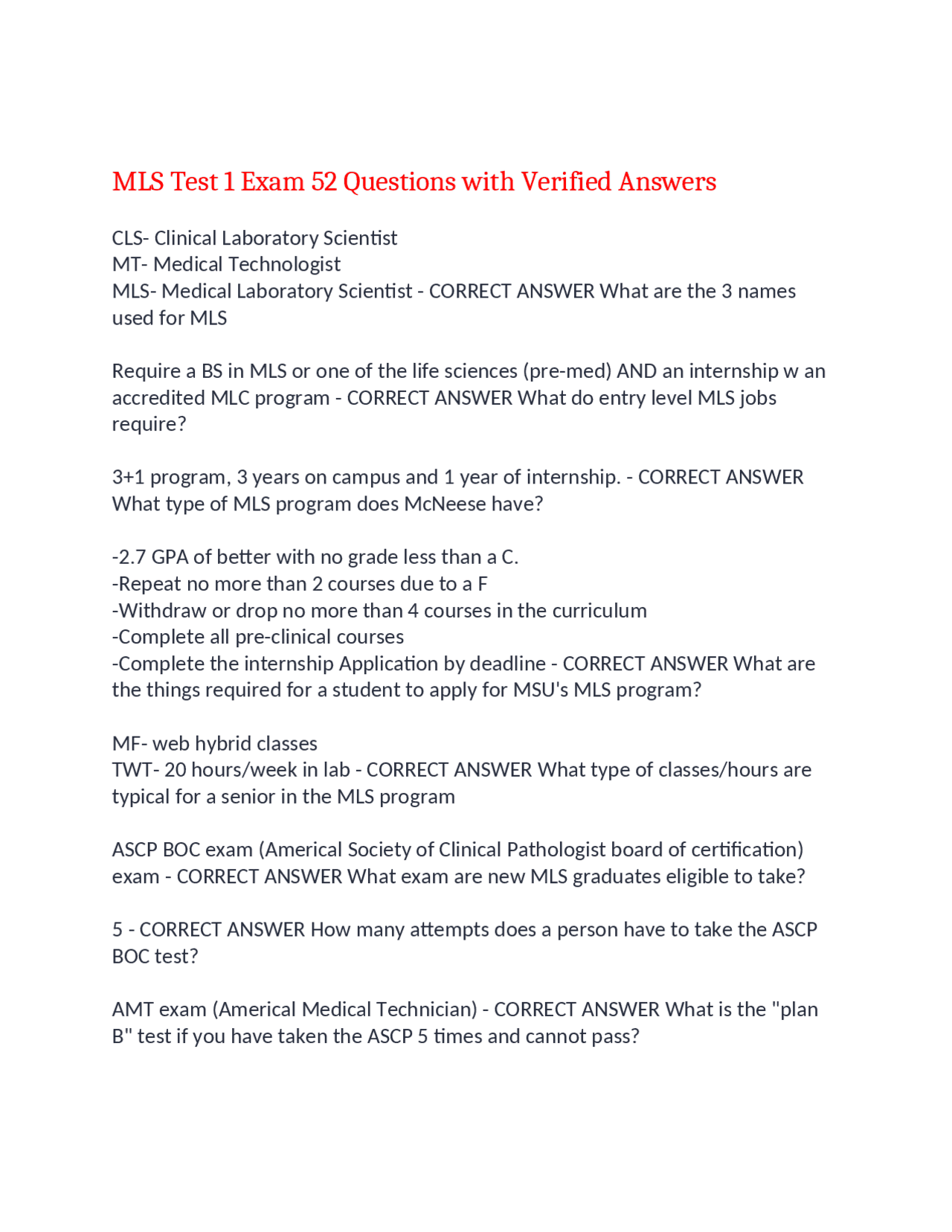MLS Test 1 Exam 52 Questions with Verified Answers,100% CORRECT | Exams ...