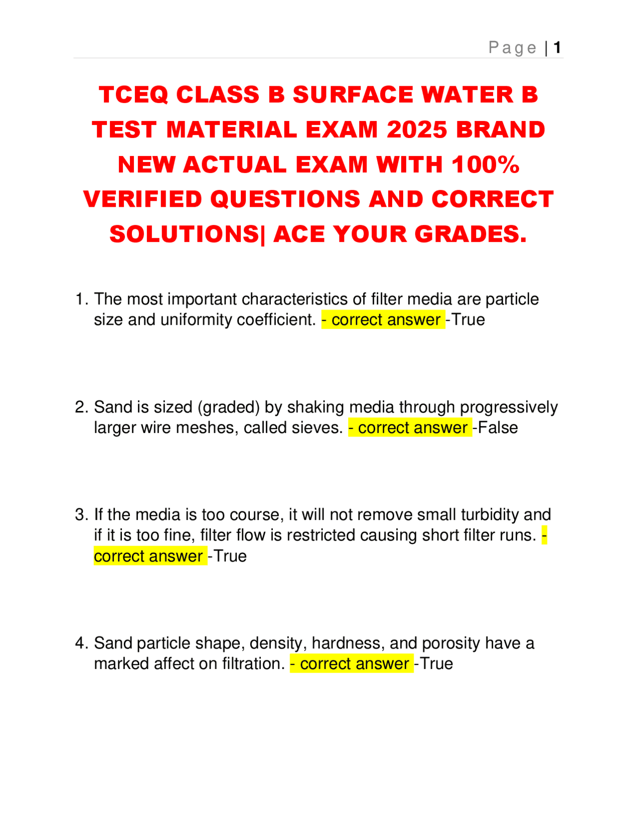 TCEQ CLASS B SURFACE WATER B TEST MATERIAL EXAM 2025 BRAND NEW ACTUAL ...