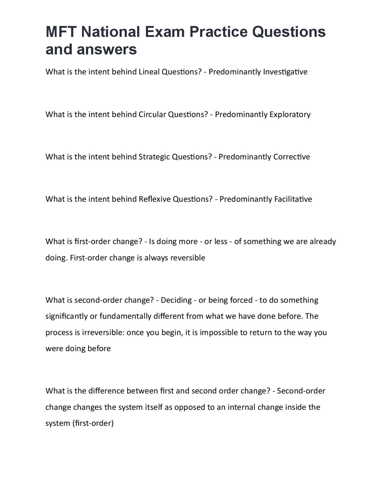 MFT National Exam Practice Questions and Answers | Exams Nursing | Docsity