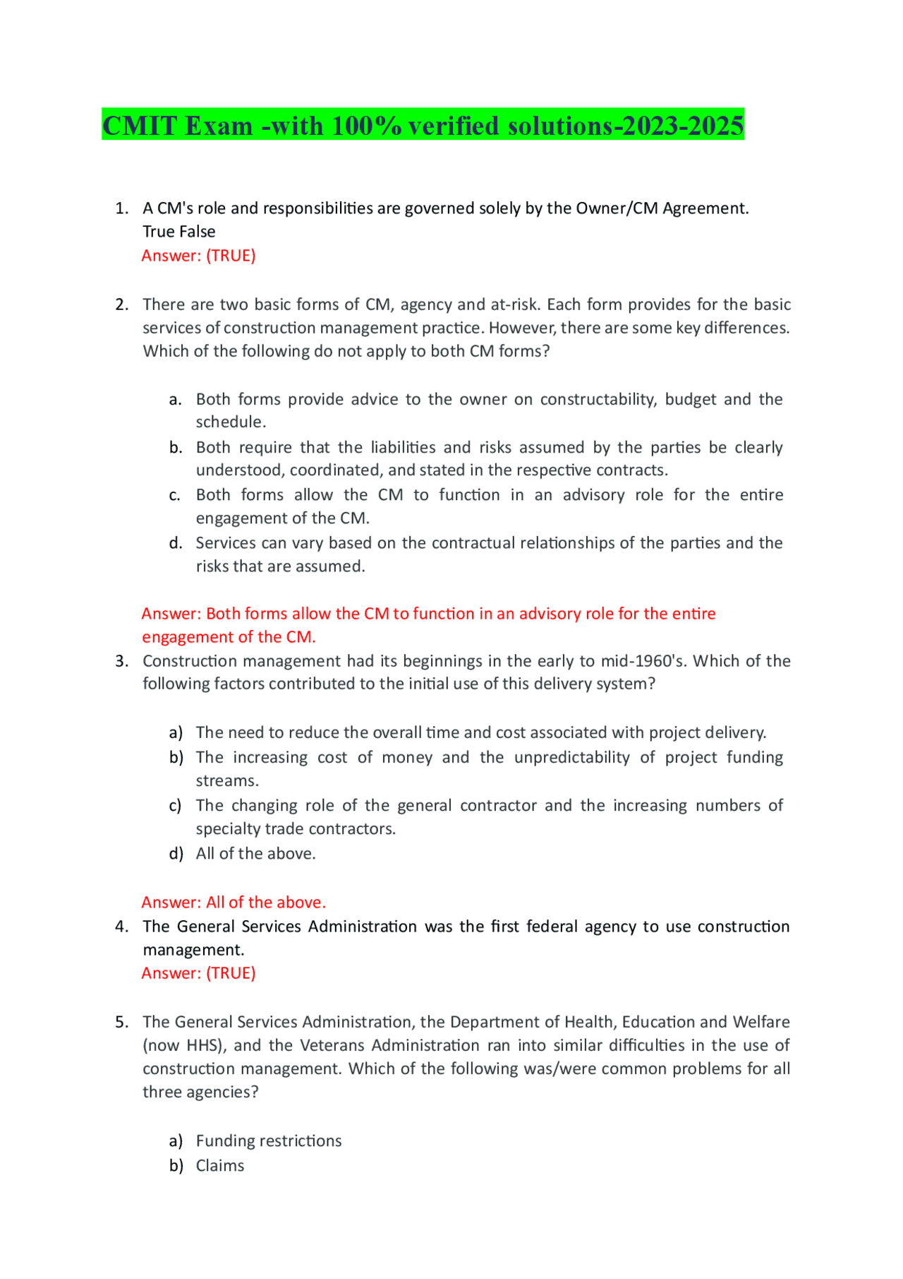 CMIT Exam Questions and Answers: Construction Management Practices | Exams Health sciences | Docsity