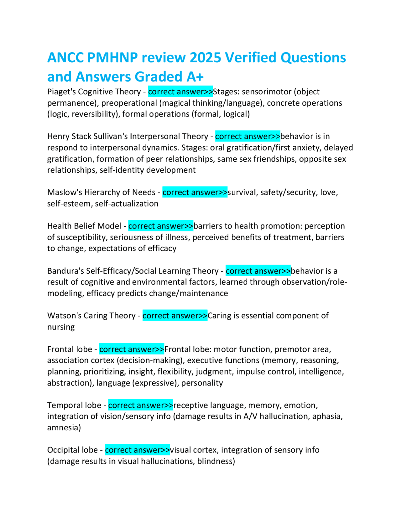 PMHNP Review: Key Theories & Clinical Assessments | Exams Nursing | Docsity