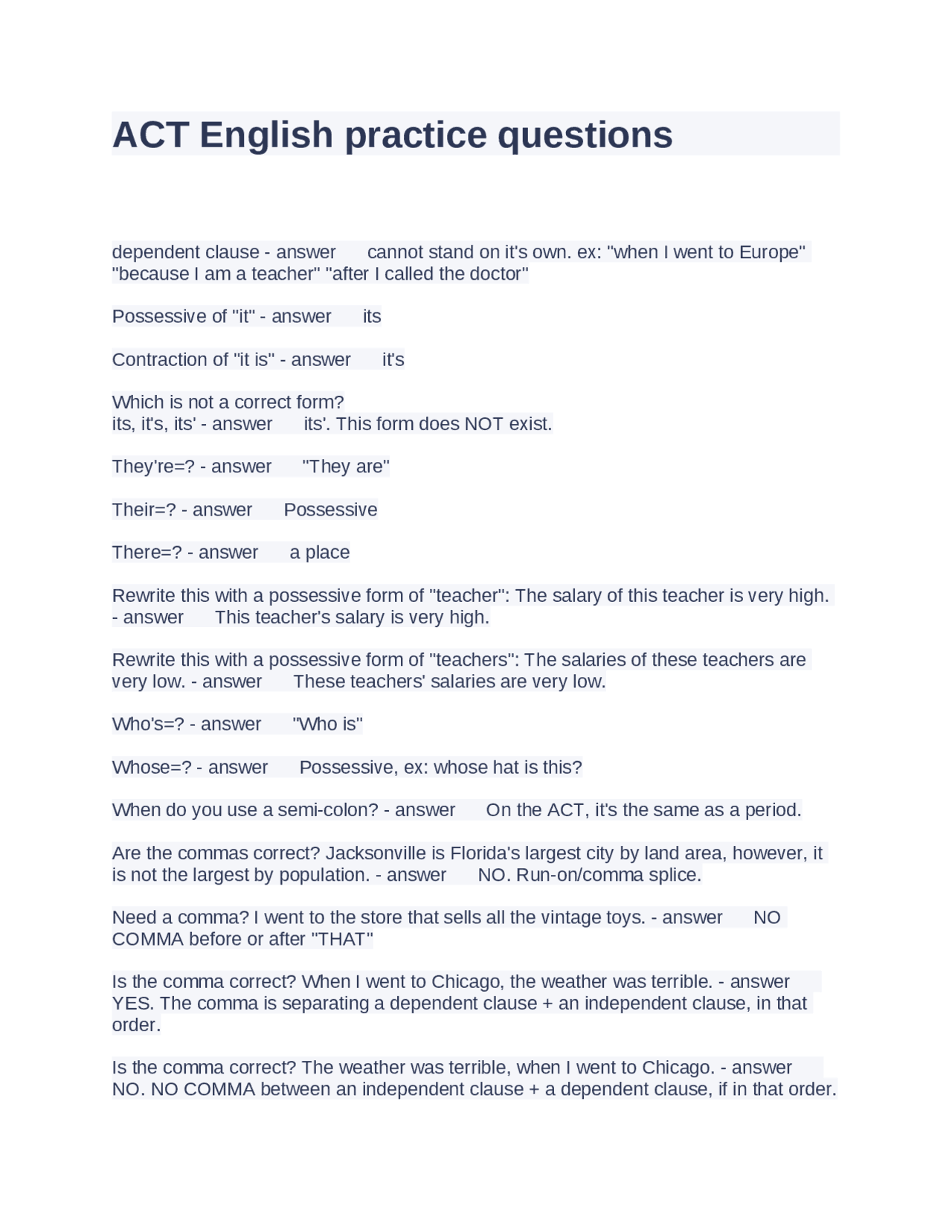ACT English Practice Questions: Grammar and Writing Exercises | Exams ...