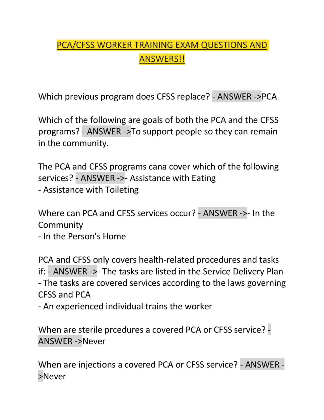 PCA/CFSS Worker Training Exam Questions and Answers | Exams Training ...