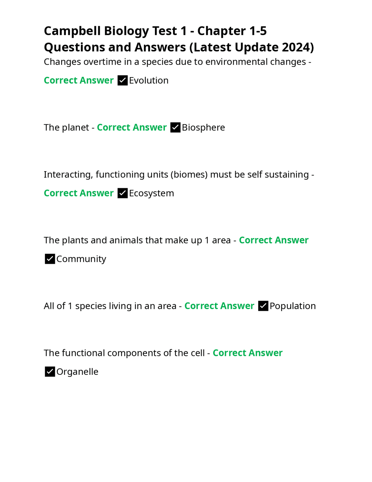Campbell Biology Test 1 - Chapter 1-5 Questions and Answers (Latest ...