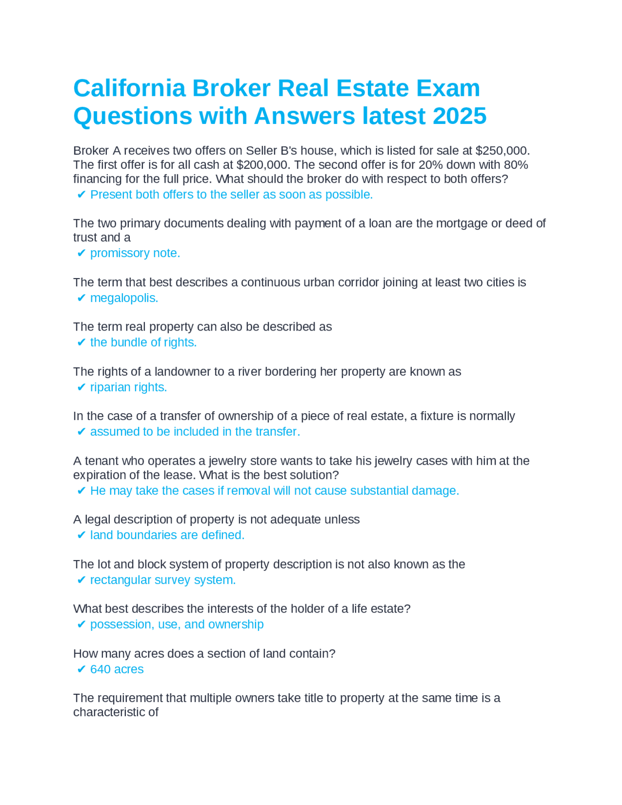 California Broker Real Estate Exam Questions with Answers latest 2025 ...